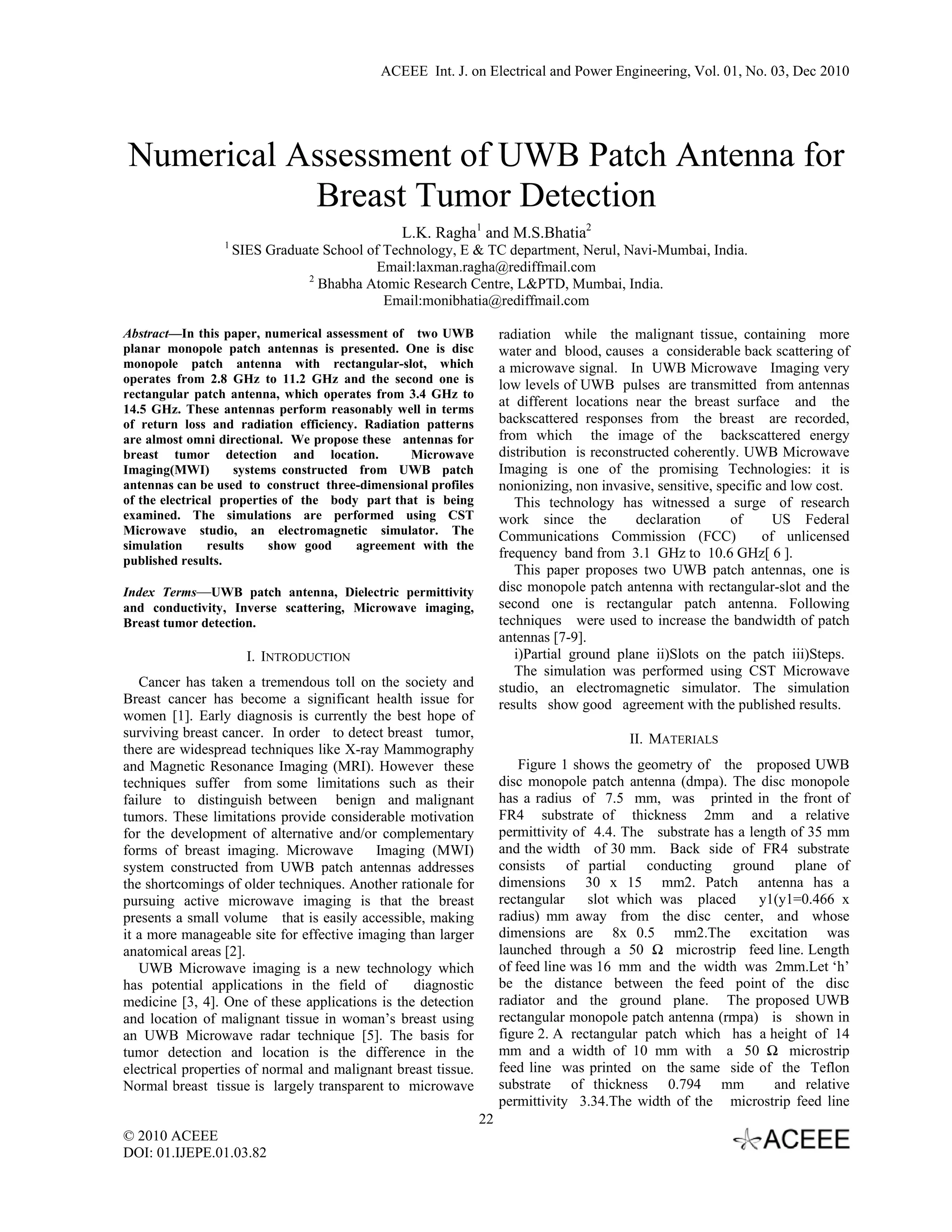 Numerical Assessment Of Uwb Patch Antenna For Breast Tumor Detection Pdf