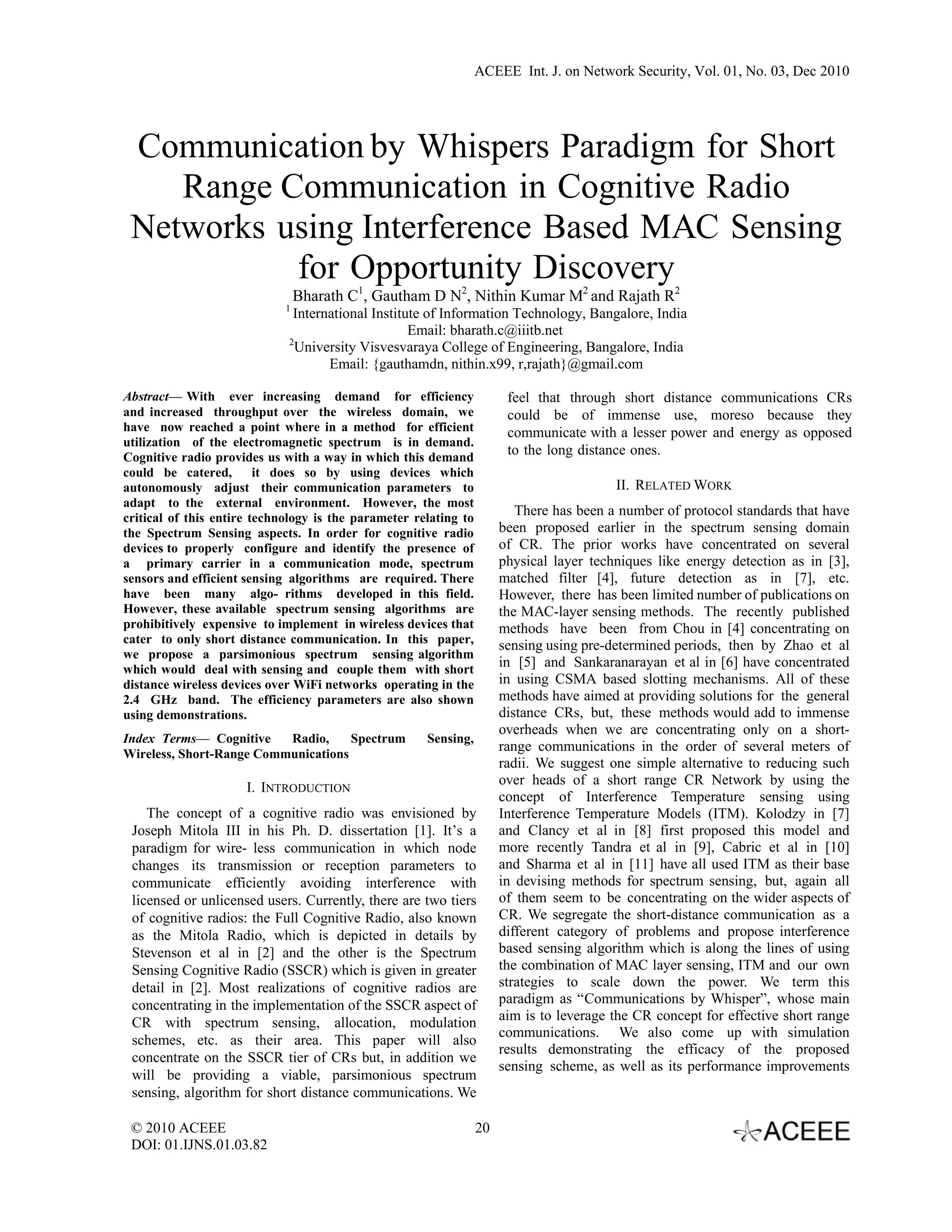 Communication by Whispers Paradigm for Short Range Communication in Cognitive Radio Networks ...