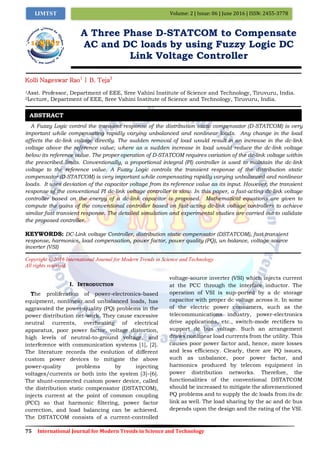 A Three Phase D-STATCOM to Compensate AC and DC loads by using Fuzzy Logic DC Link Voltage ...