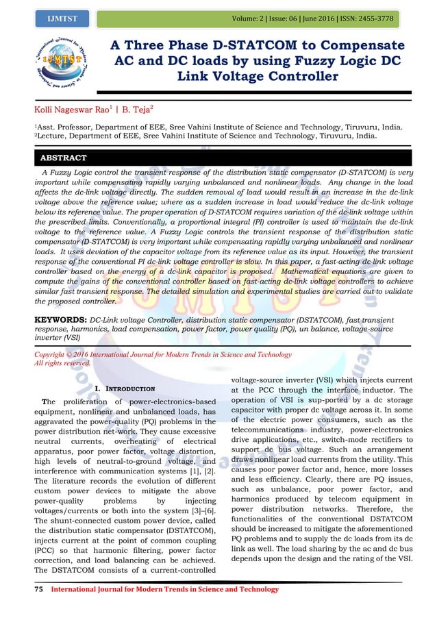 A Three Phase D Statcom To Compensate Ac And Dc Loads By Using Fuzzy Logic Dc Link Voltage