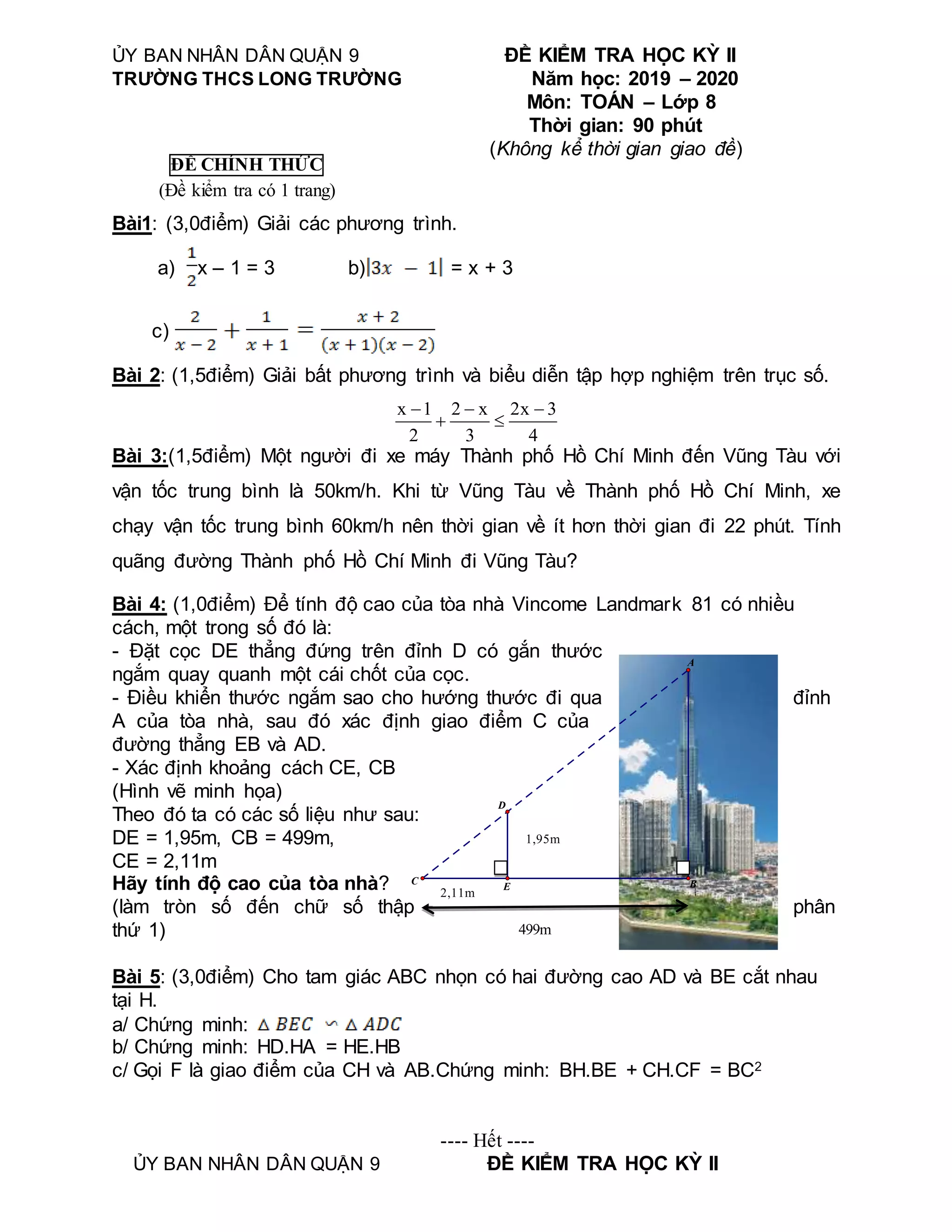 Đề Thi HK2 Toán 8 - THCS Long Trường | PDF