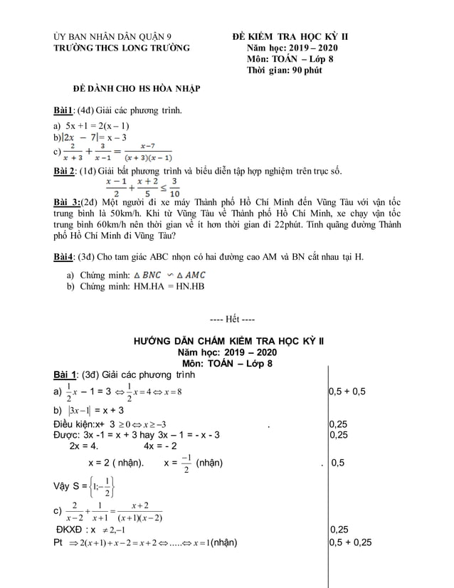 Đề Thi HK2 Toán 8 - THCS Long Trường | PDF