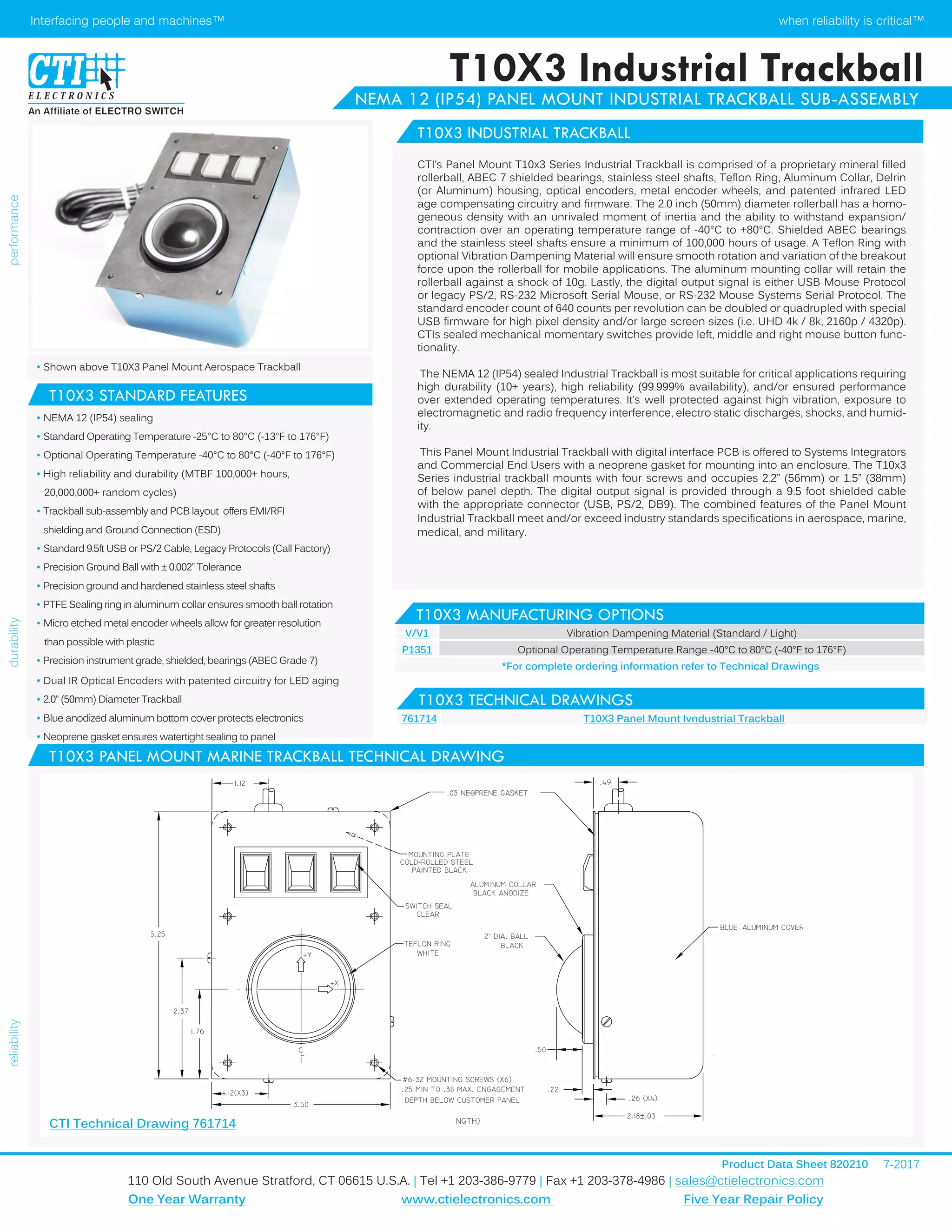 T10X3 Panel Mount Industrial Trackball | PDF