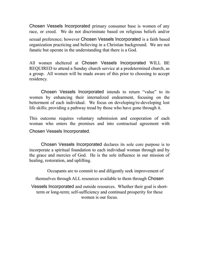 Chosen Vessels - Supportive Living for Women | PDF