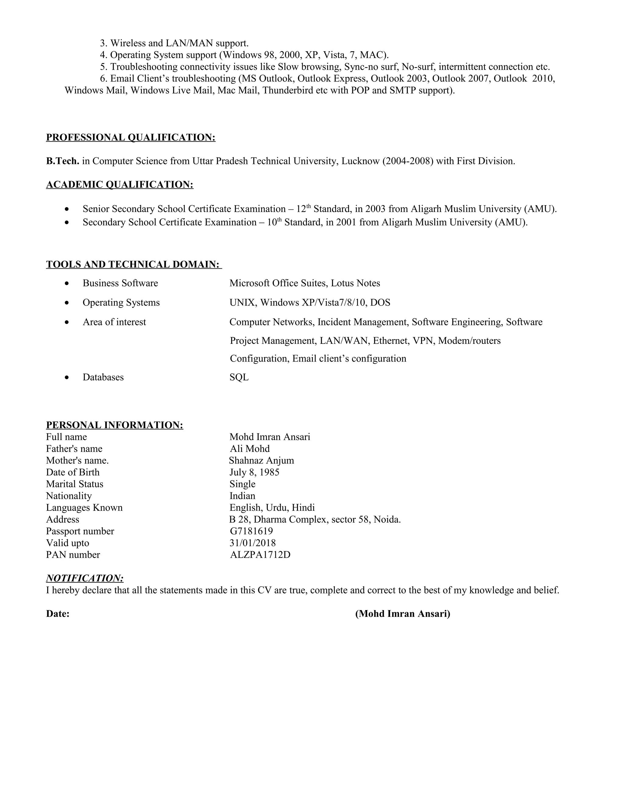 Resume (mohd imran ansari) | DOC