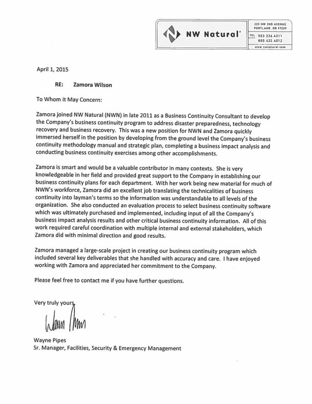 Zamora Alvey - Letter of Recommendation from NW Natural | PDF