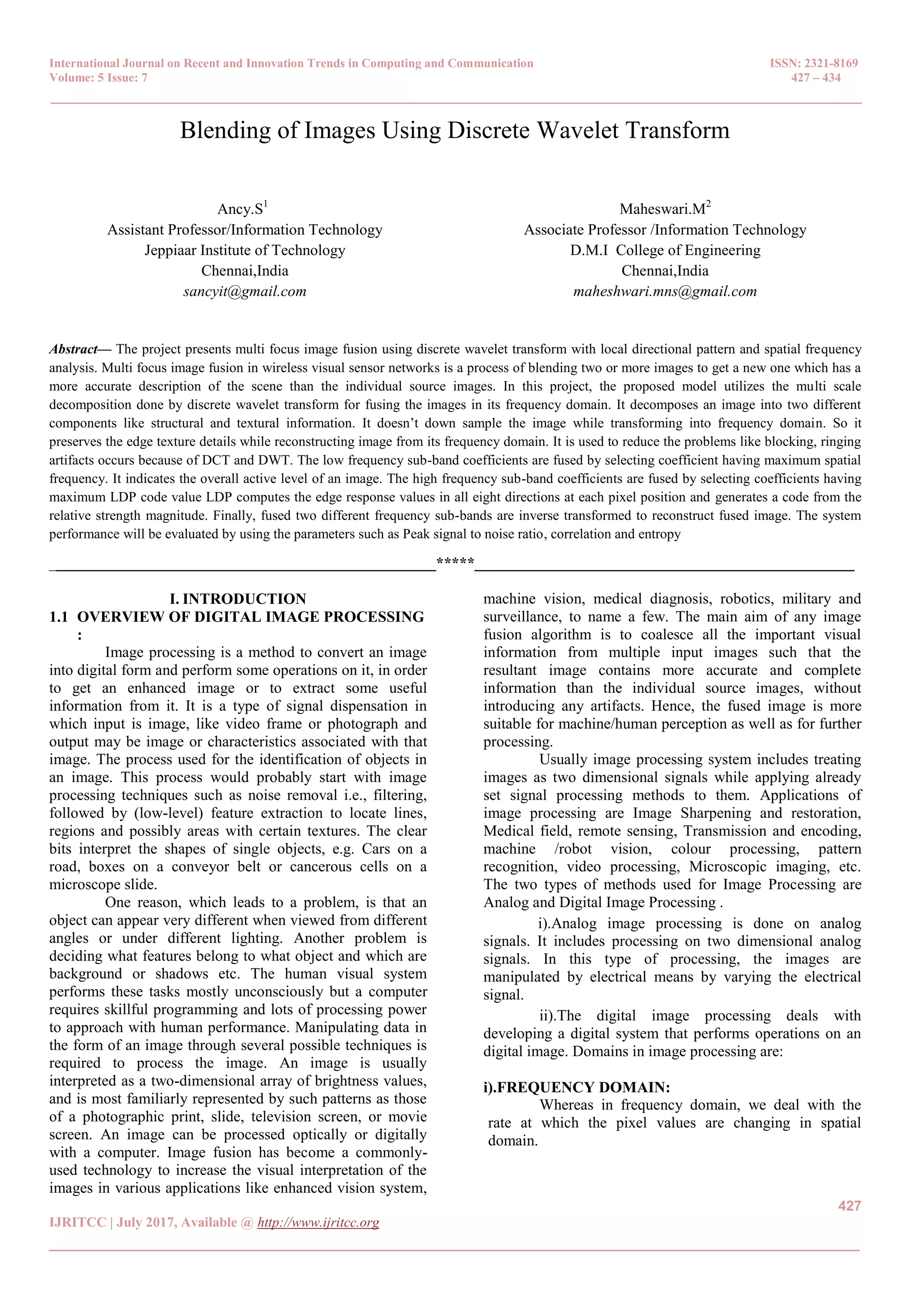 Blending of Images Using Discrete Wavelet Transform | PDF