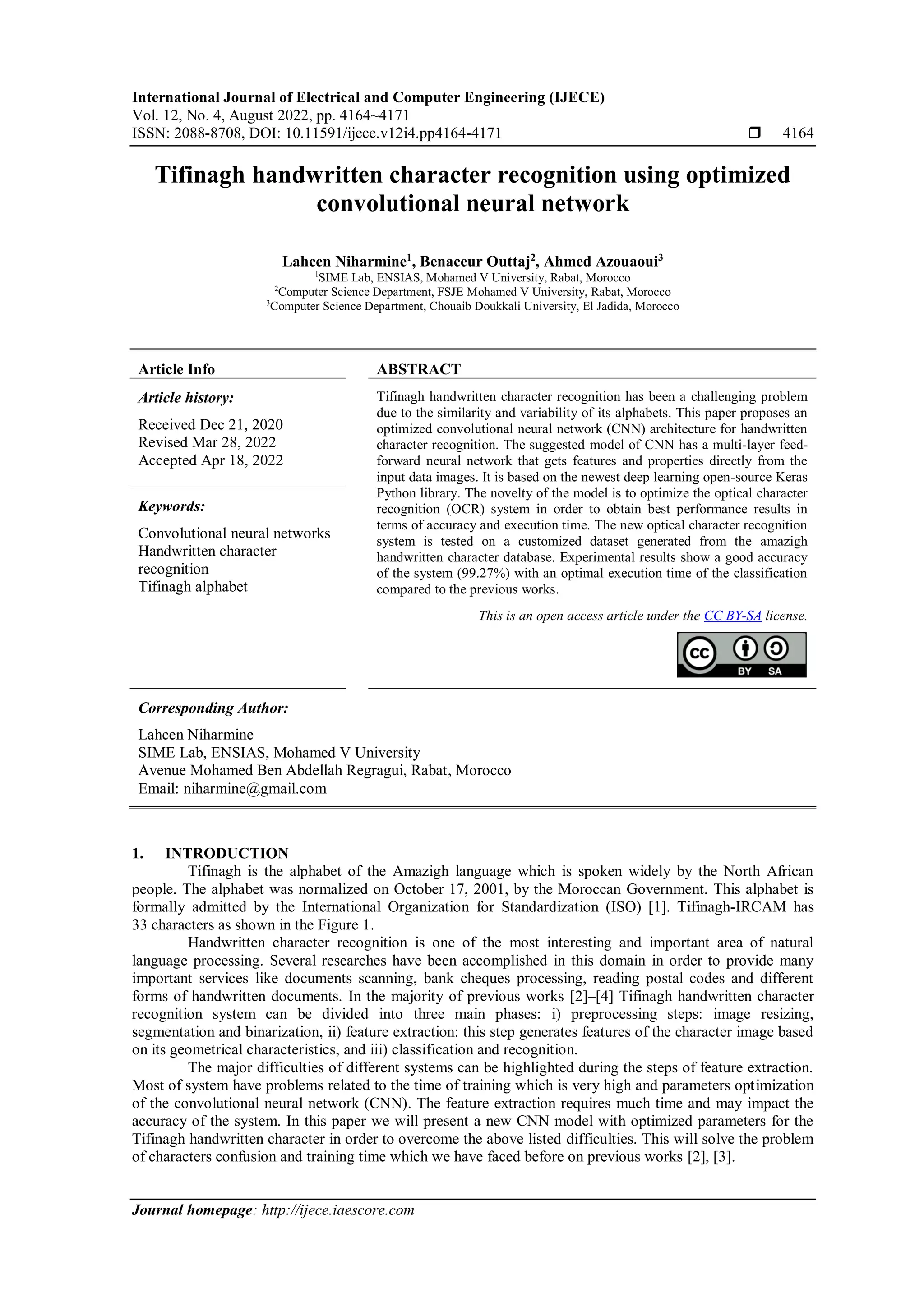 Tifinagh Handwritten Character Recognition Using Optimized Convolutional Neural Network Pdf