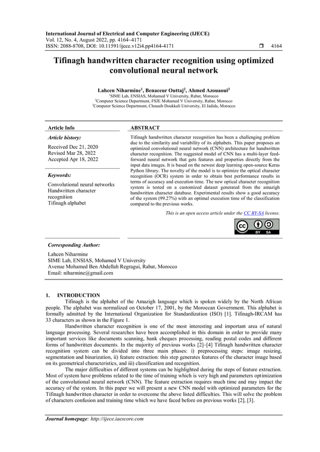 Tifinagh handwritten character recognition using optimized convolutional neural network | PDF