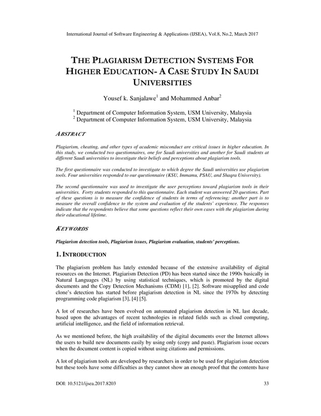 The Plagiarism Detection Systems for Higher Education - A Case Study in Saudi Universities | PDF ...
