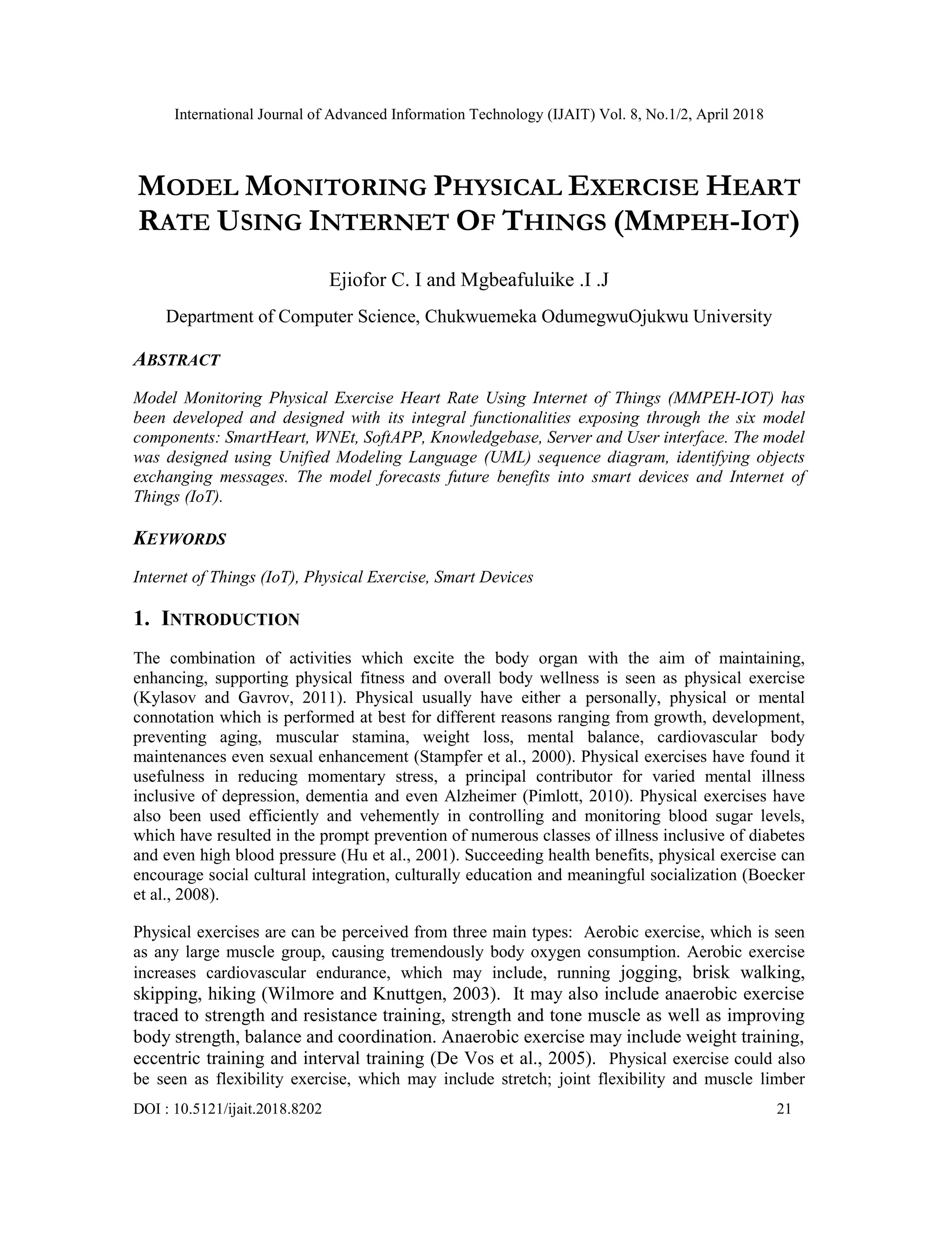 MODEL MONITORING PHYSICAL EXERCISE HEART RATE USING INTERNET OF THINGS (MMPEH-IOT) | PDF