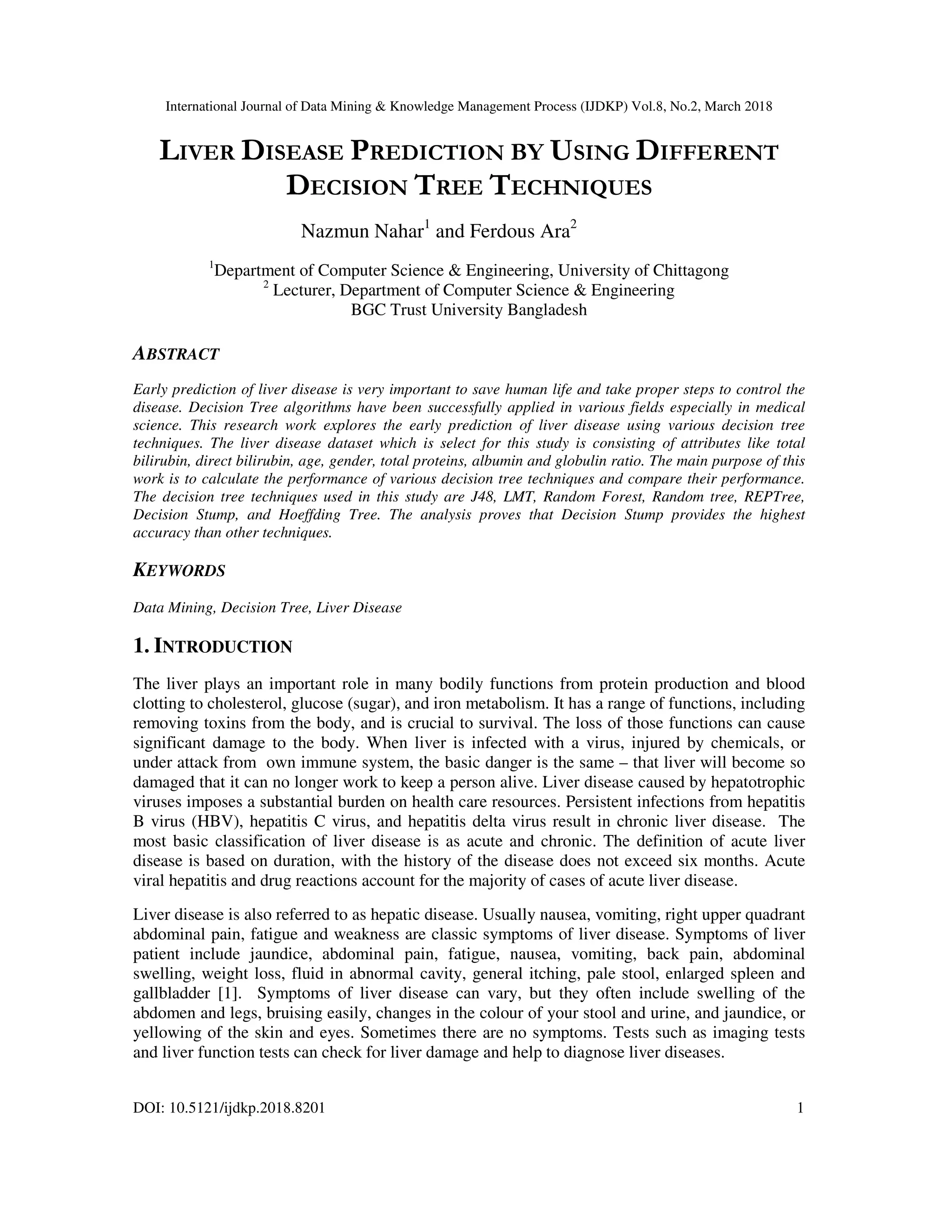 LIVER DISEASE PREDICTION BY USING DIFFERENT DECISION TREE TECHNIQUES | PDF
