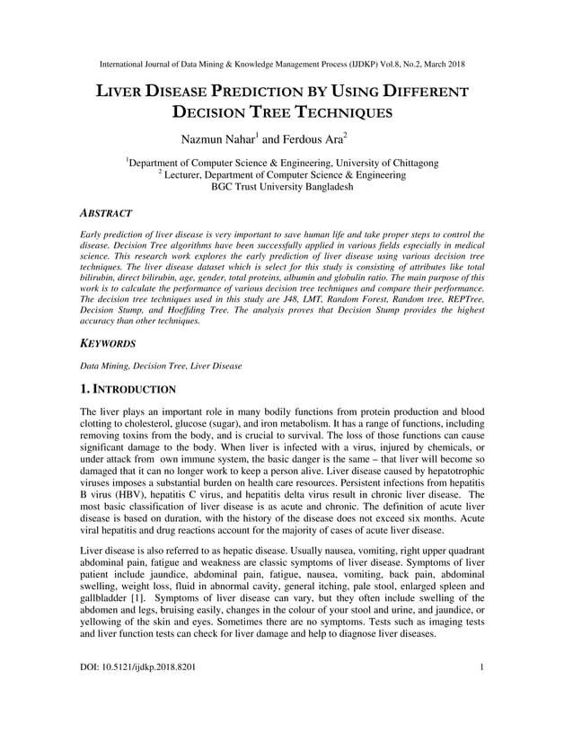 LIVER DISEASE PREDICTION BY USING DIFFERENT DECISION TREE TECHNIQUES | PDF