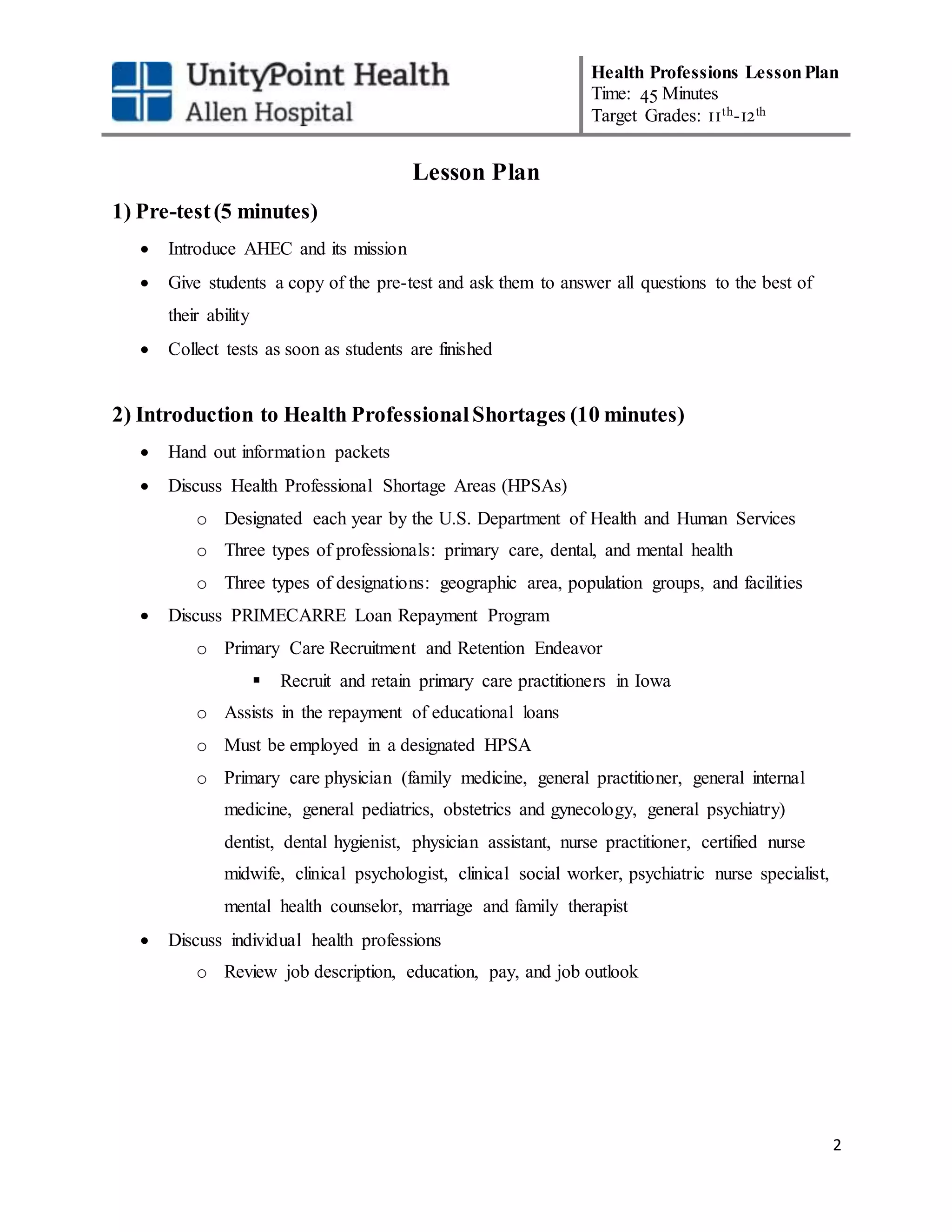 Health Professions Lesson Plan | PDF