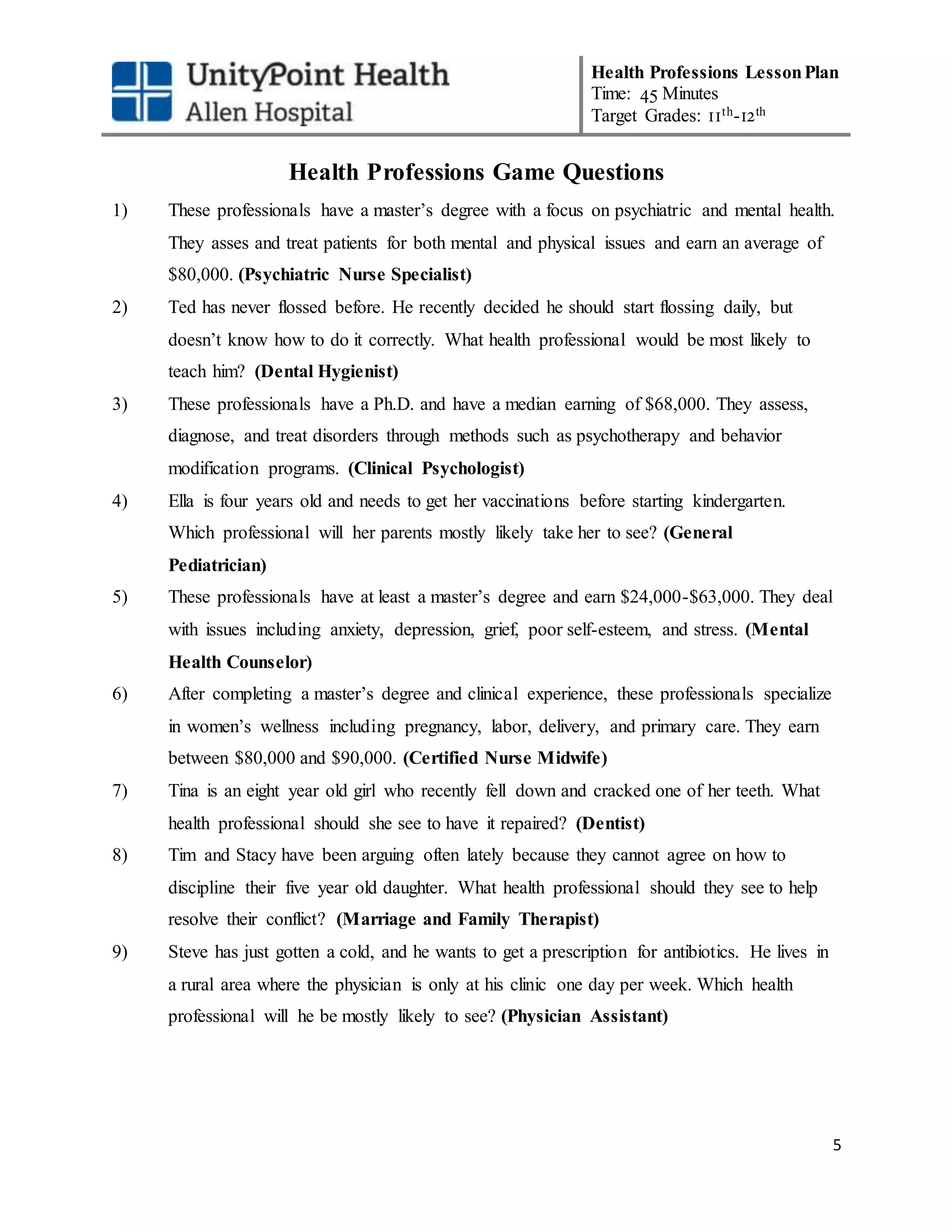 Health Professions Lesson Plan | DOCX
