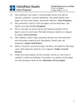 Health Professions Lesson Plan | PDF