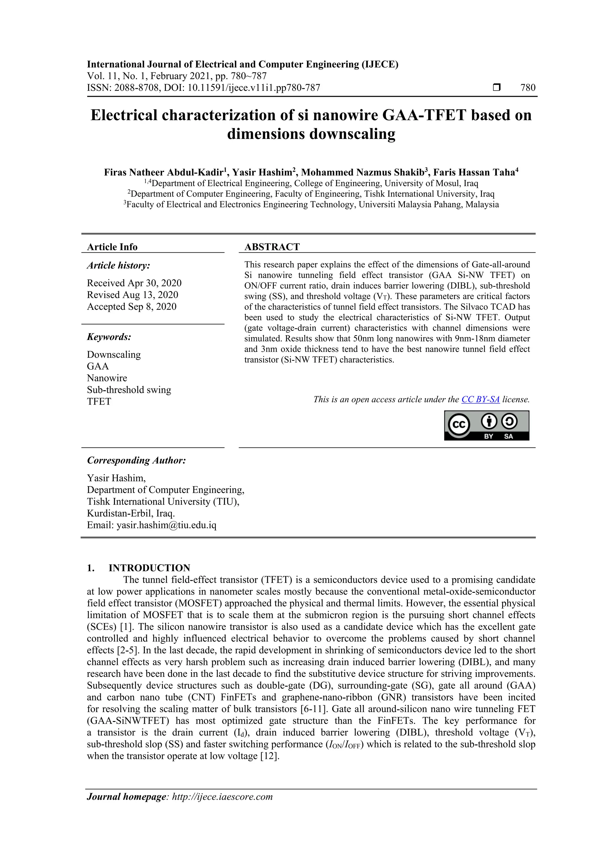 Electrical characterization of si nanowire GAA-TFET based on dimensions downscaling | PDF ...