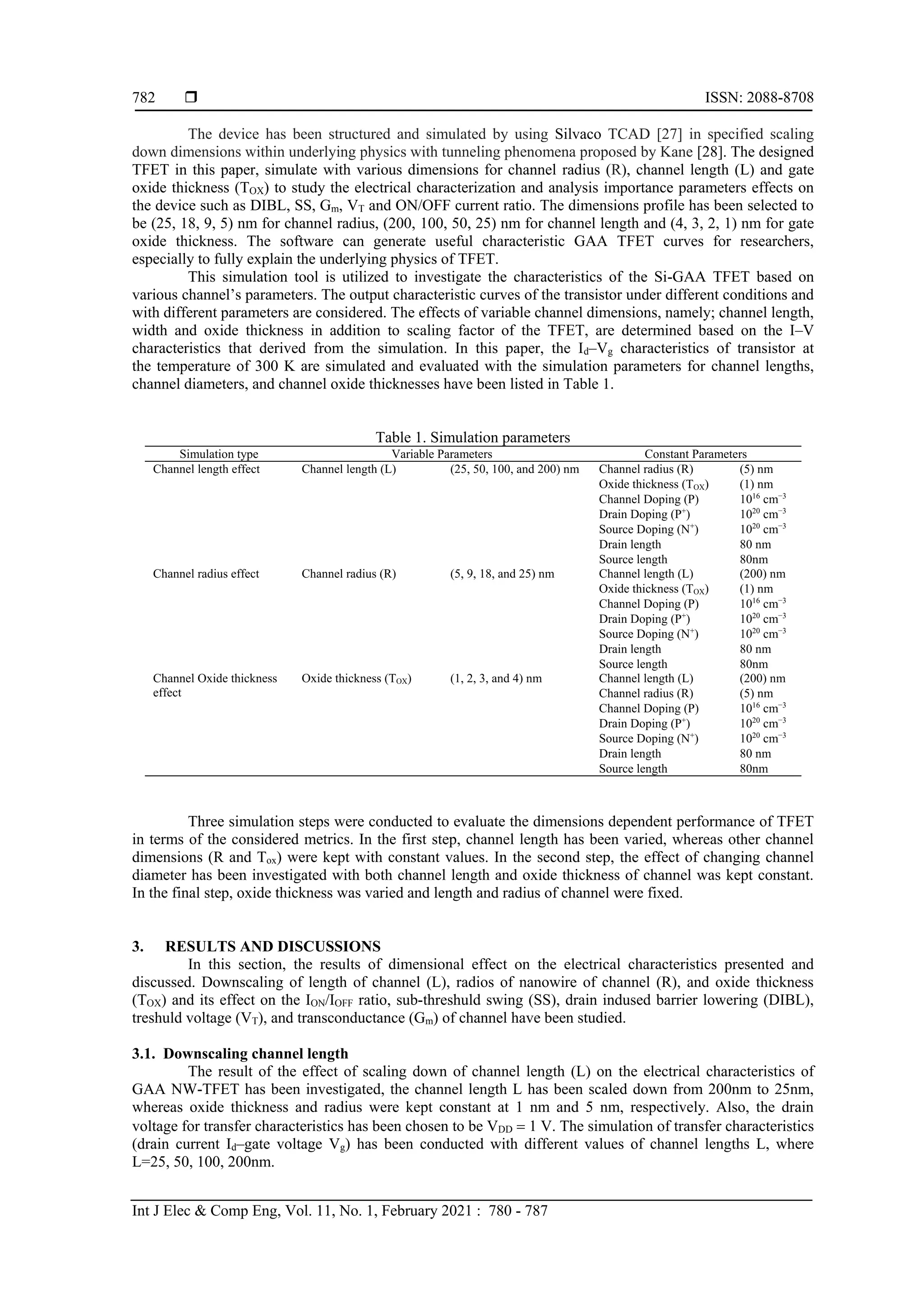 Electrical characterization of si nanowire GAA-TFET based on dimensions downscaling | PDF