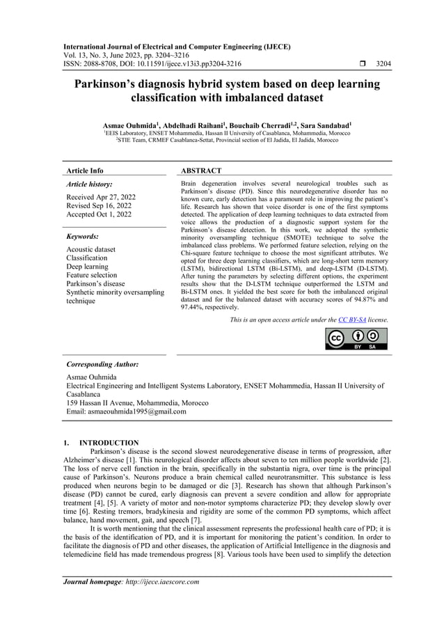 Parkinson’s diagnosis hybrid system based on deep learning classification with imbalanced ...