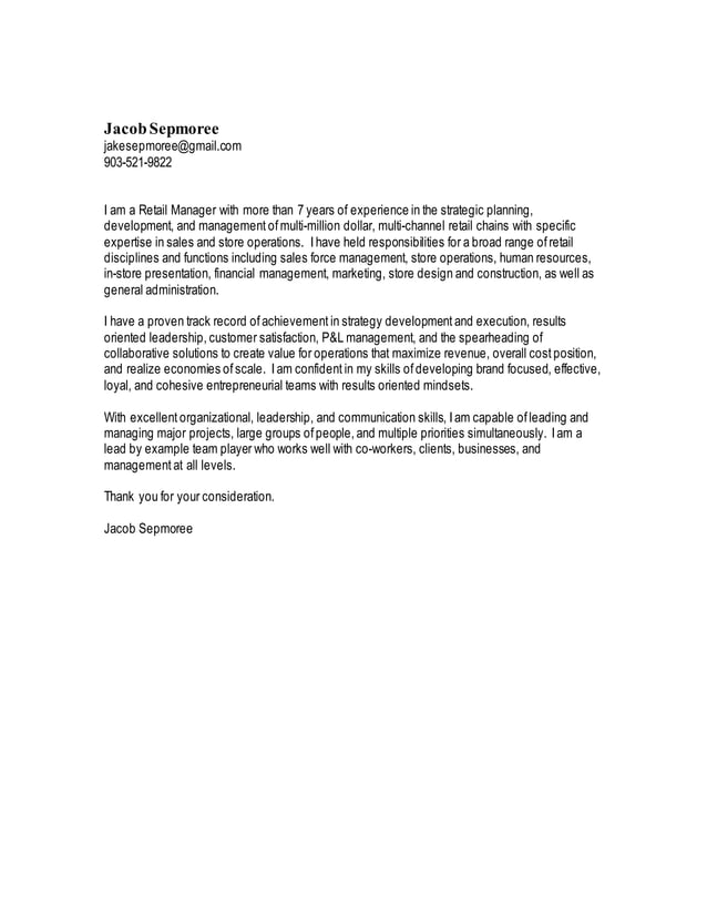 Jake Sepmoree- Cover letter-WD | DOCX | Sales | Business