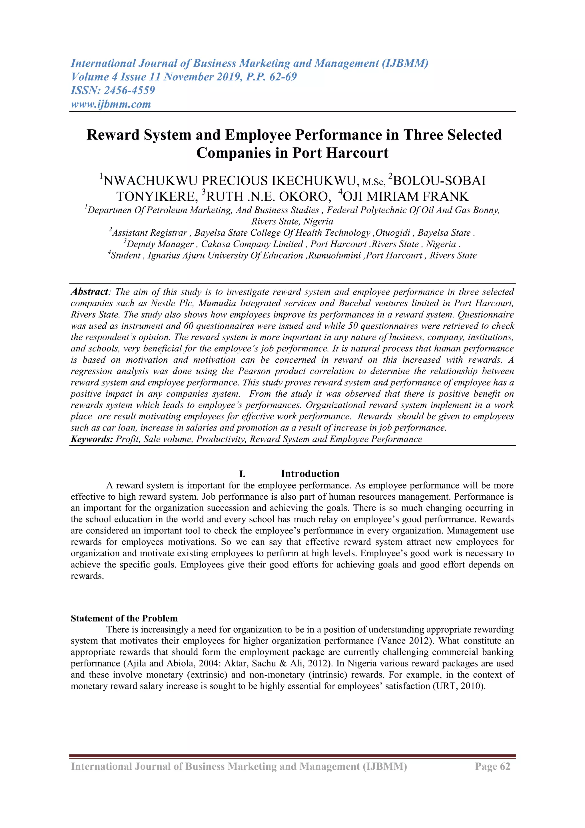 Reward System and Employee Performance in Three Selected Companies in ...