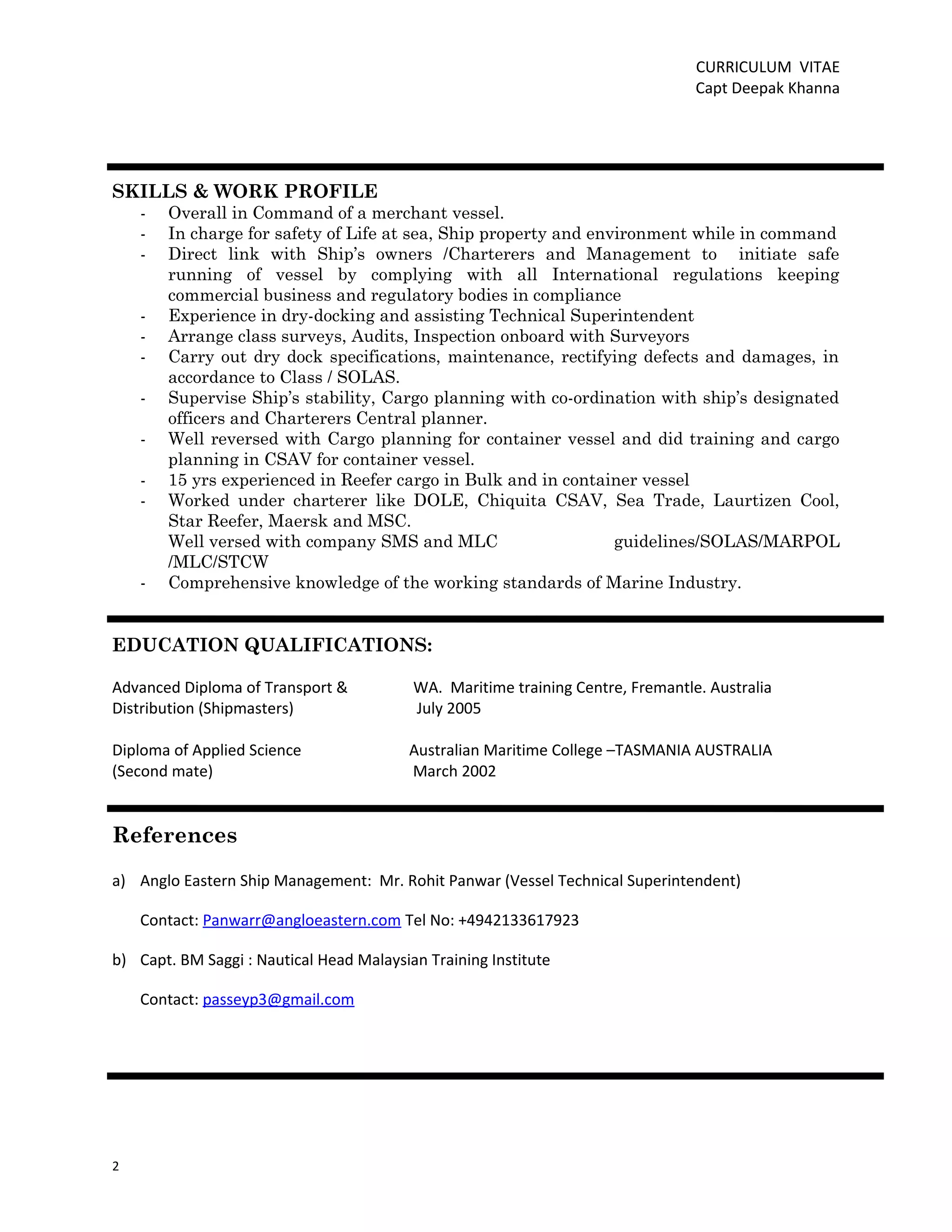 Resume - Capt Deepak Khanna-CMB | DOC | Cruises | Travel Type