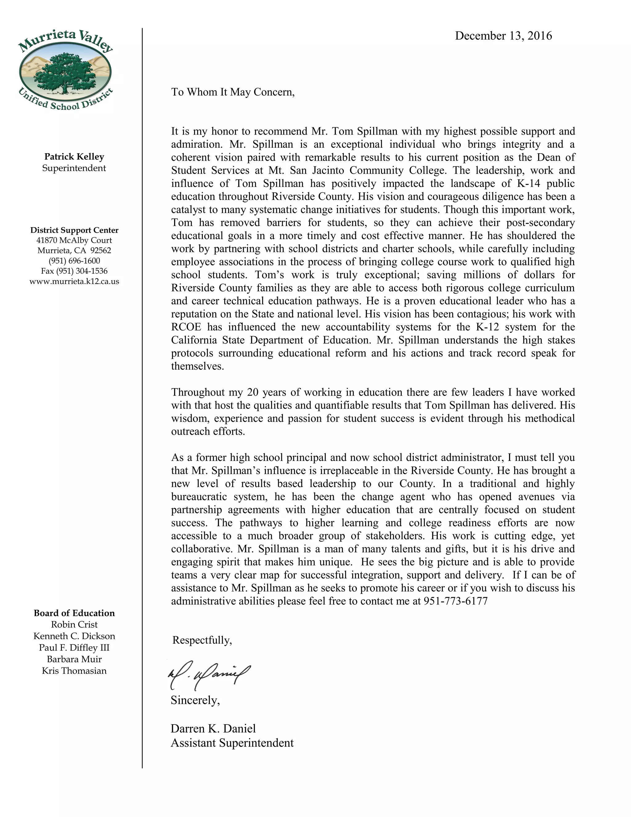 Darren Daniel Letter of Recommendation to me | DOC | Education