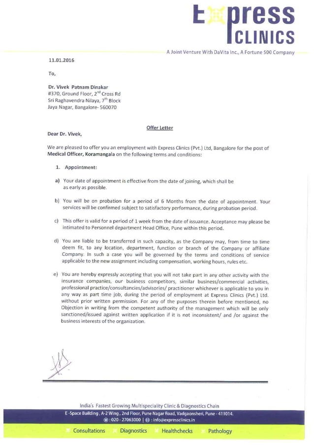 Offer Letter - Express Clinics | PDF