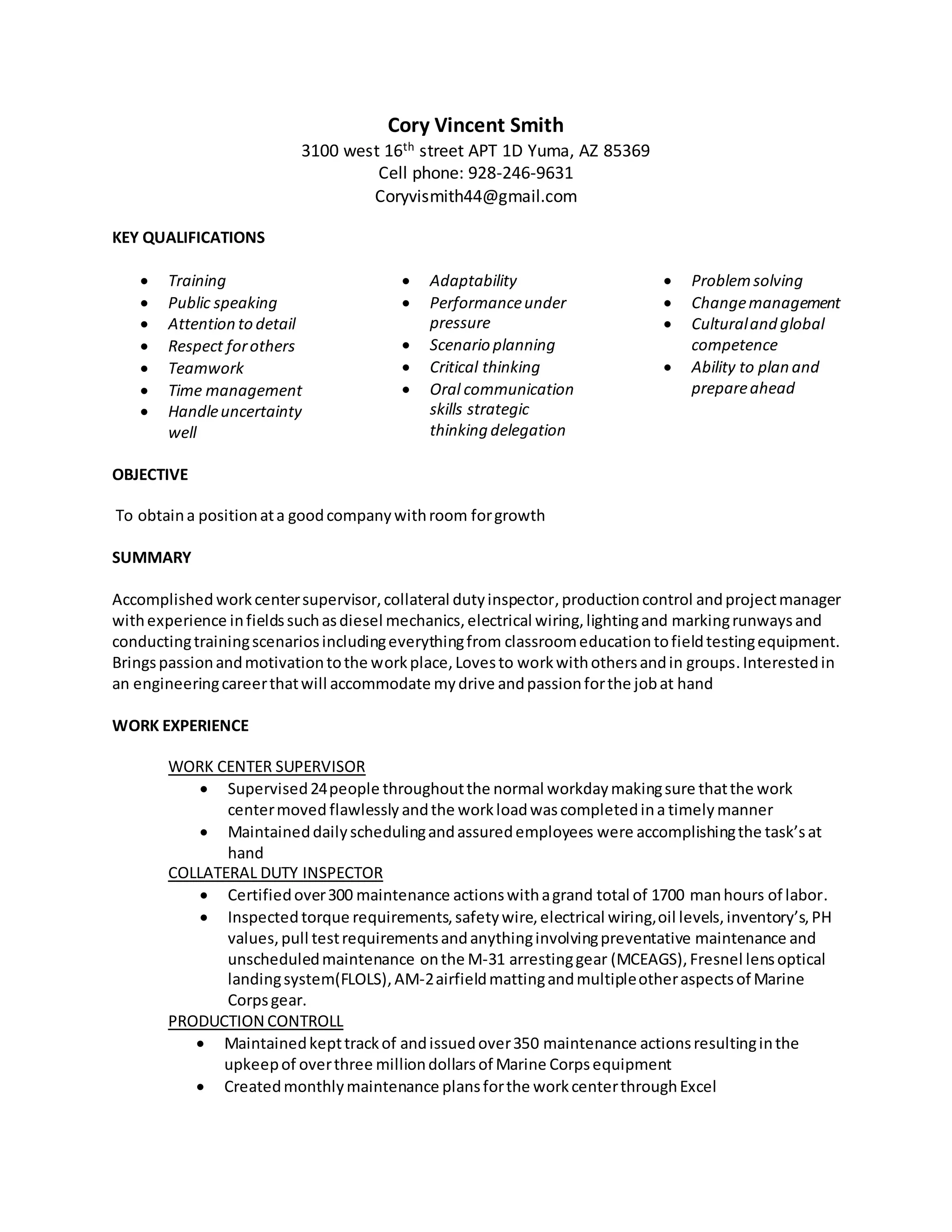 Cory Vincent Smith resume | DOCX