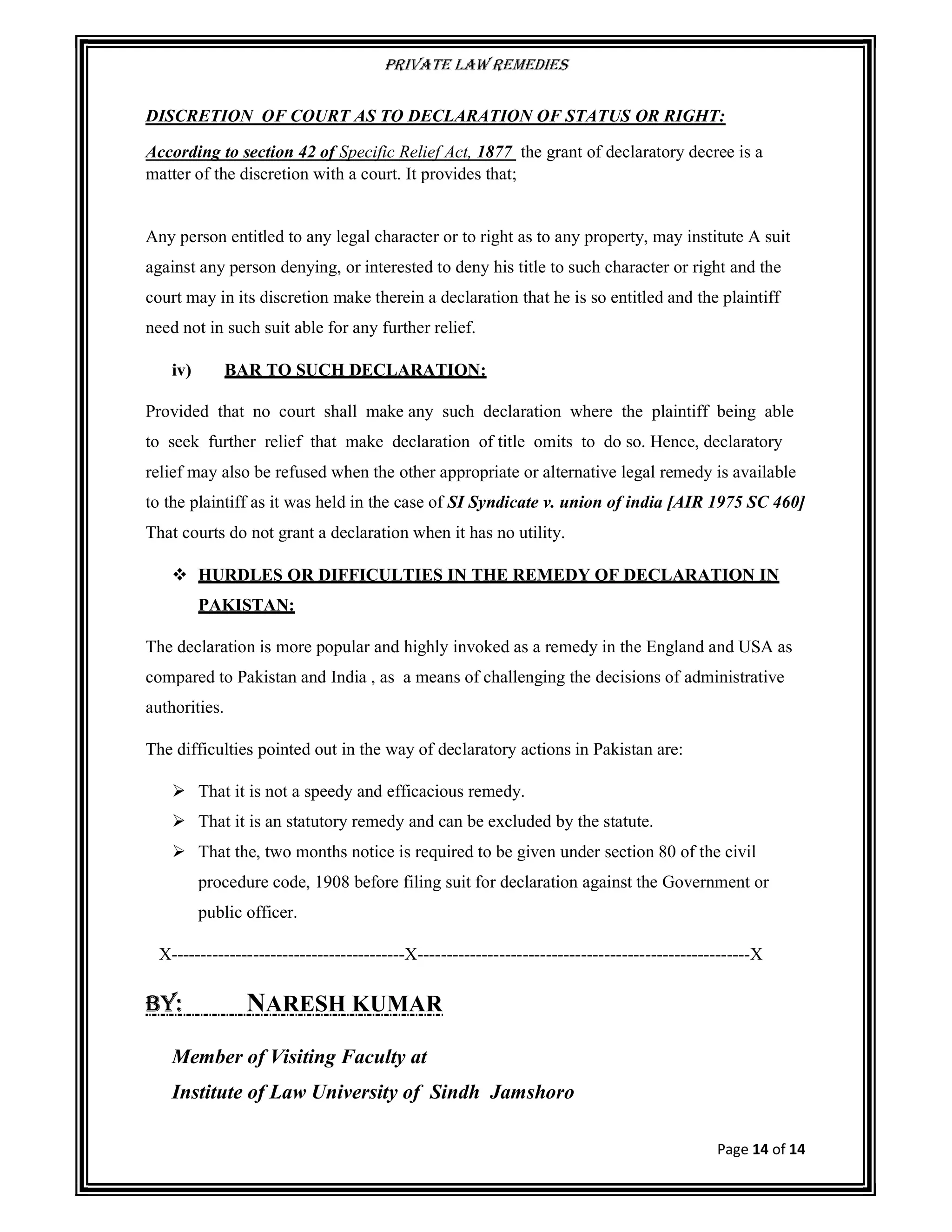 Brief Private Law Remedies in Administrative Law | PDF