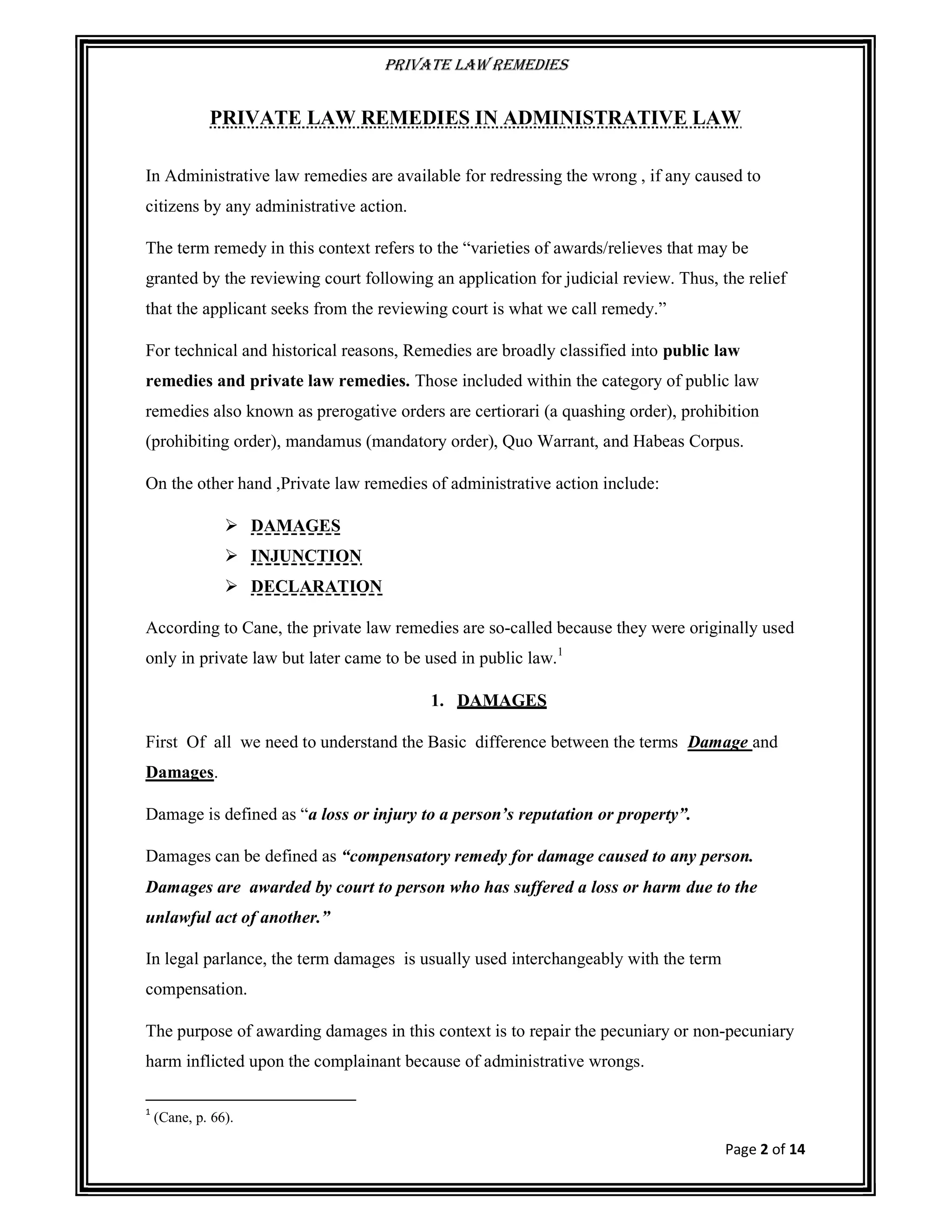 Brief Private Law Remedies in Administrative Law | PDF