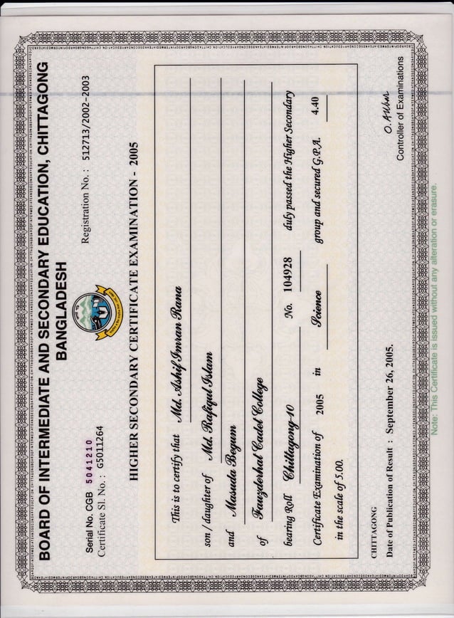 HSC certificate