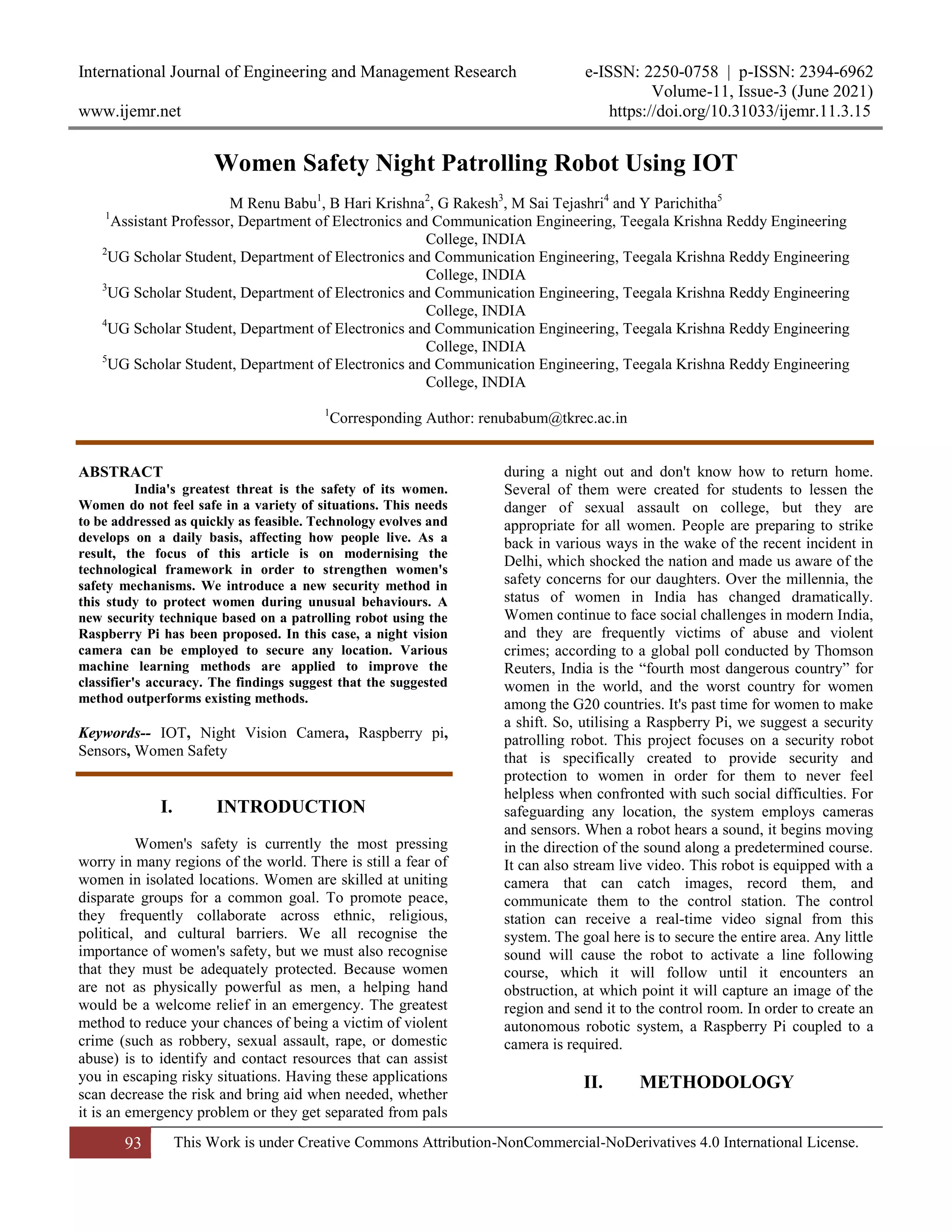 Women Safety Night Patrolling Robot Using IOT | PDF