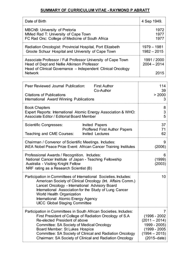 SUMMARY OF CURRICULUM VITAE Abratt | PDF