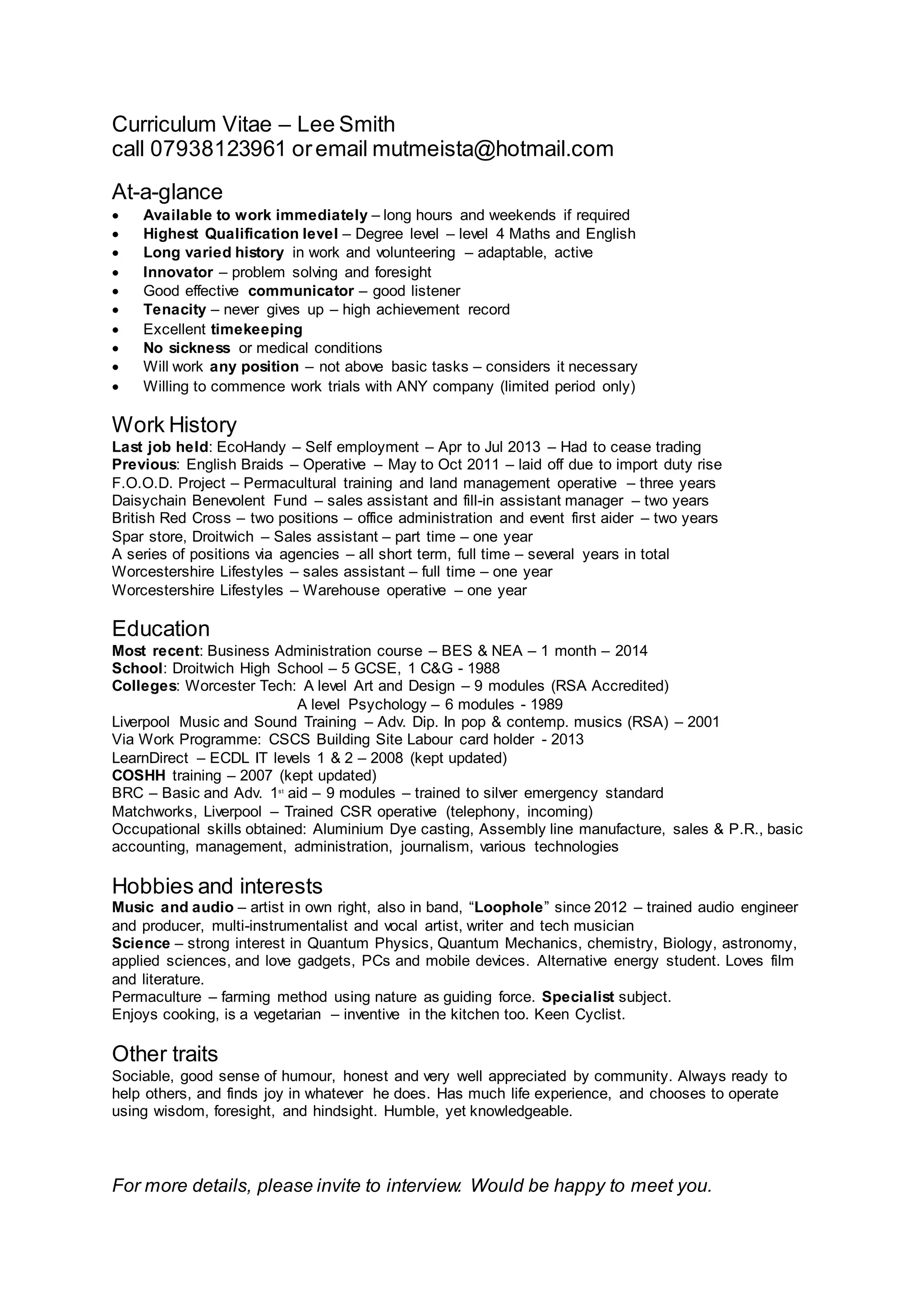 At a glance CV - MR L Smith | DOCX