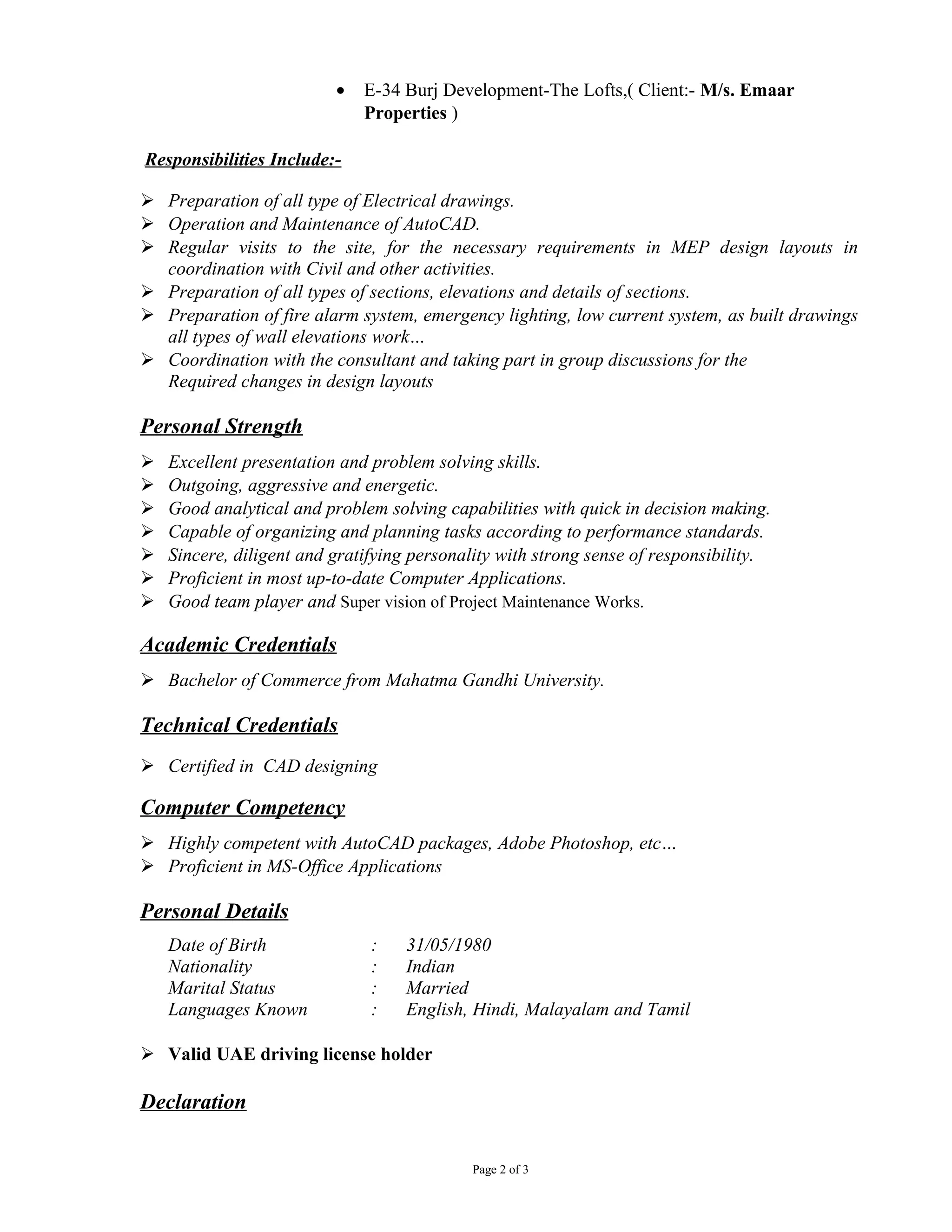 Resume of Electrical Draughtsman | DOC