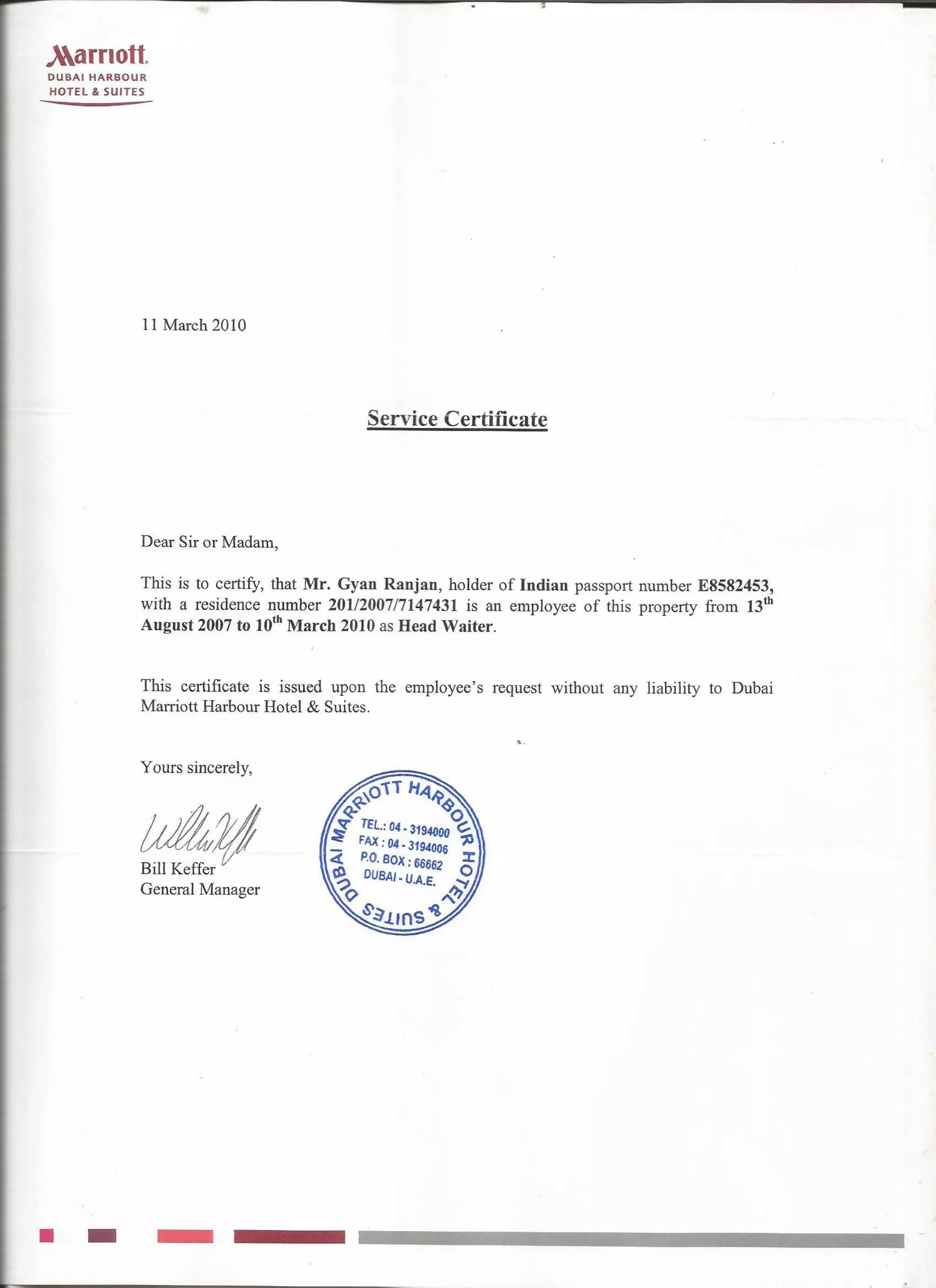 Marriott Experience Certificate | PDF