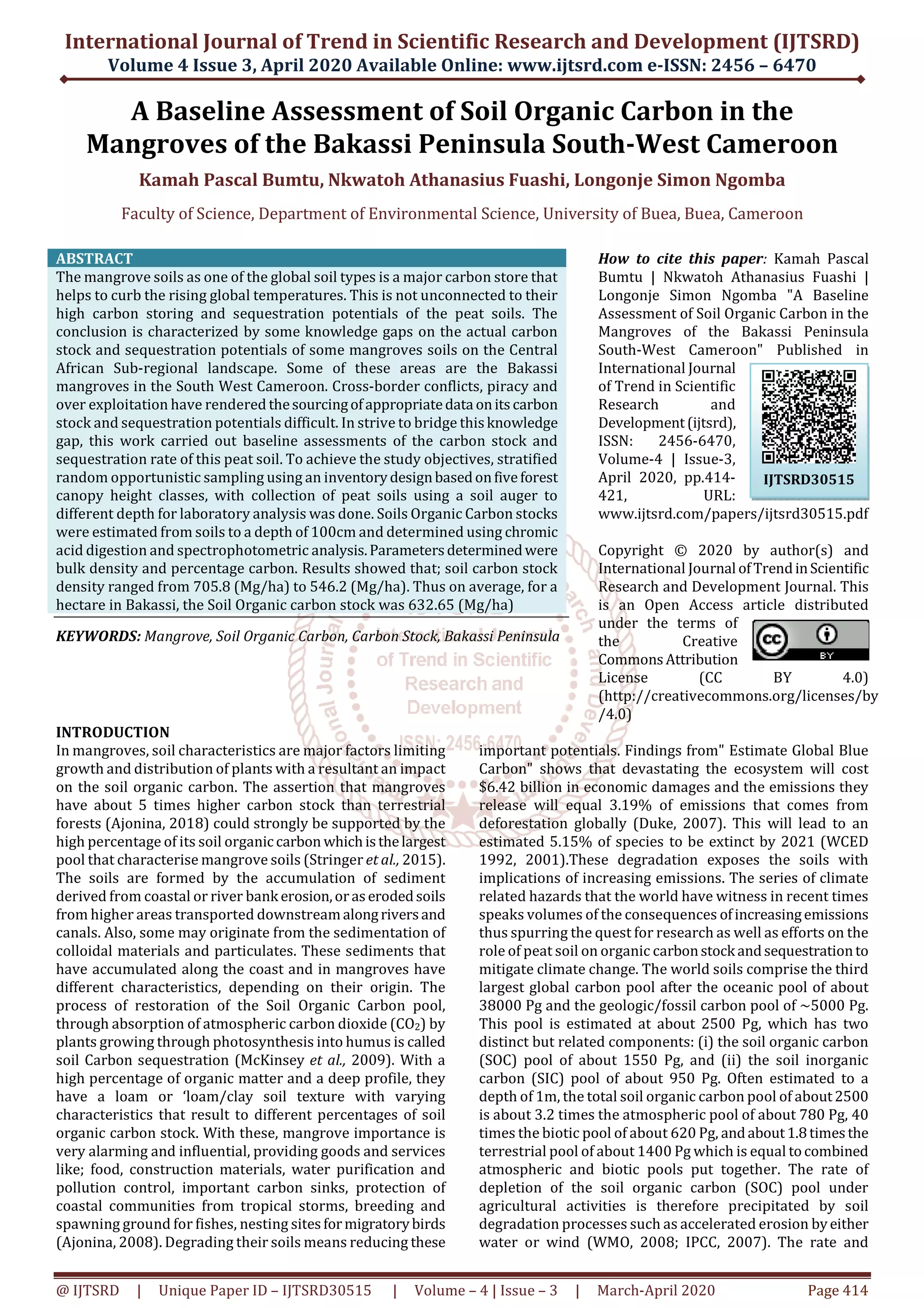 A Baseline Assessment of Soil Organic Carbon in the Mangroves of the Bakassi Peninsula South ...