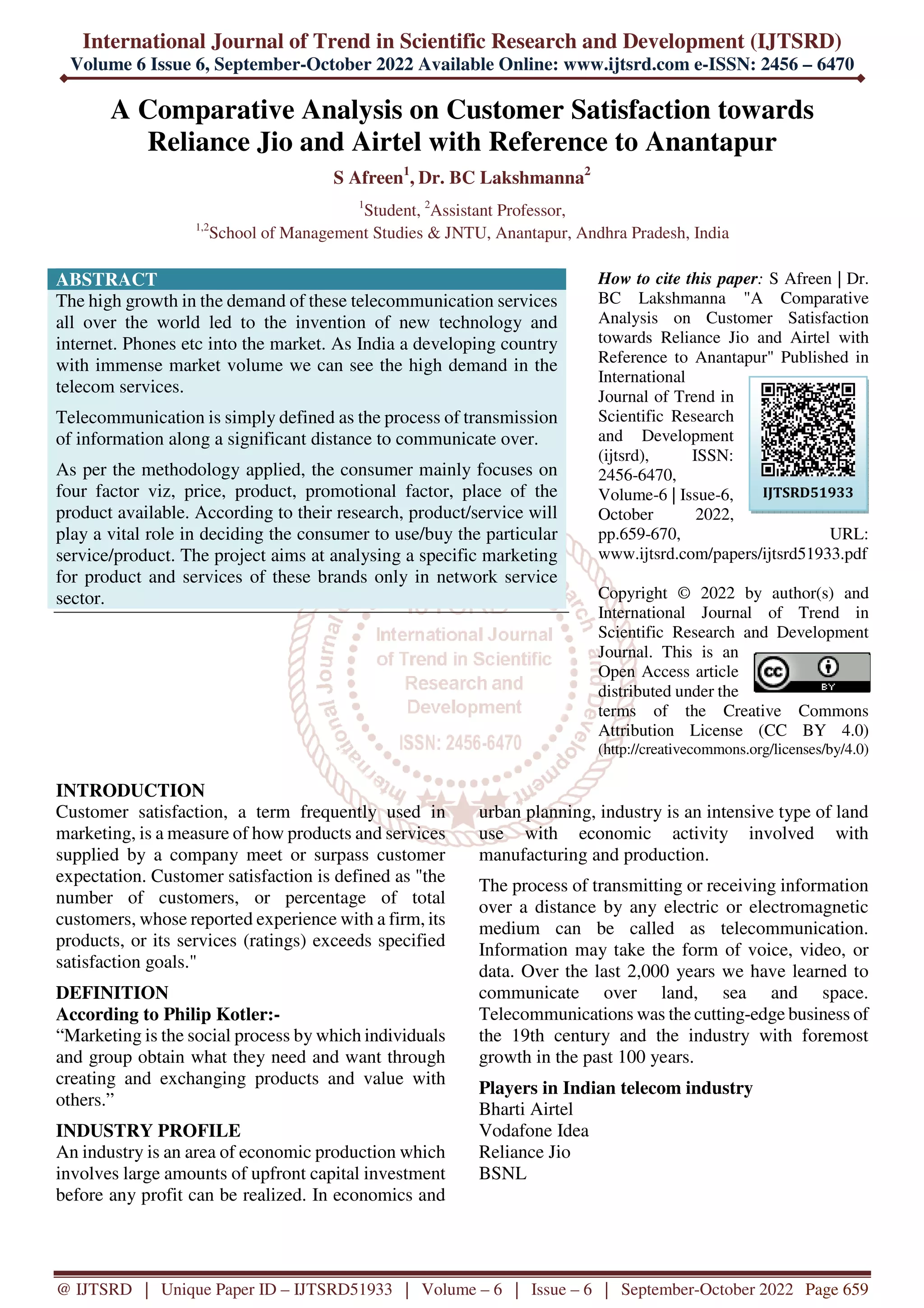 A Comparative Analysis on Customer Satisfaction towards Reliance Jio ...