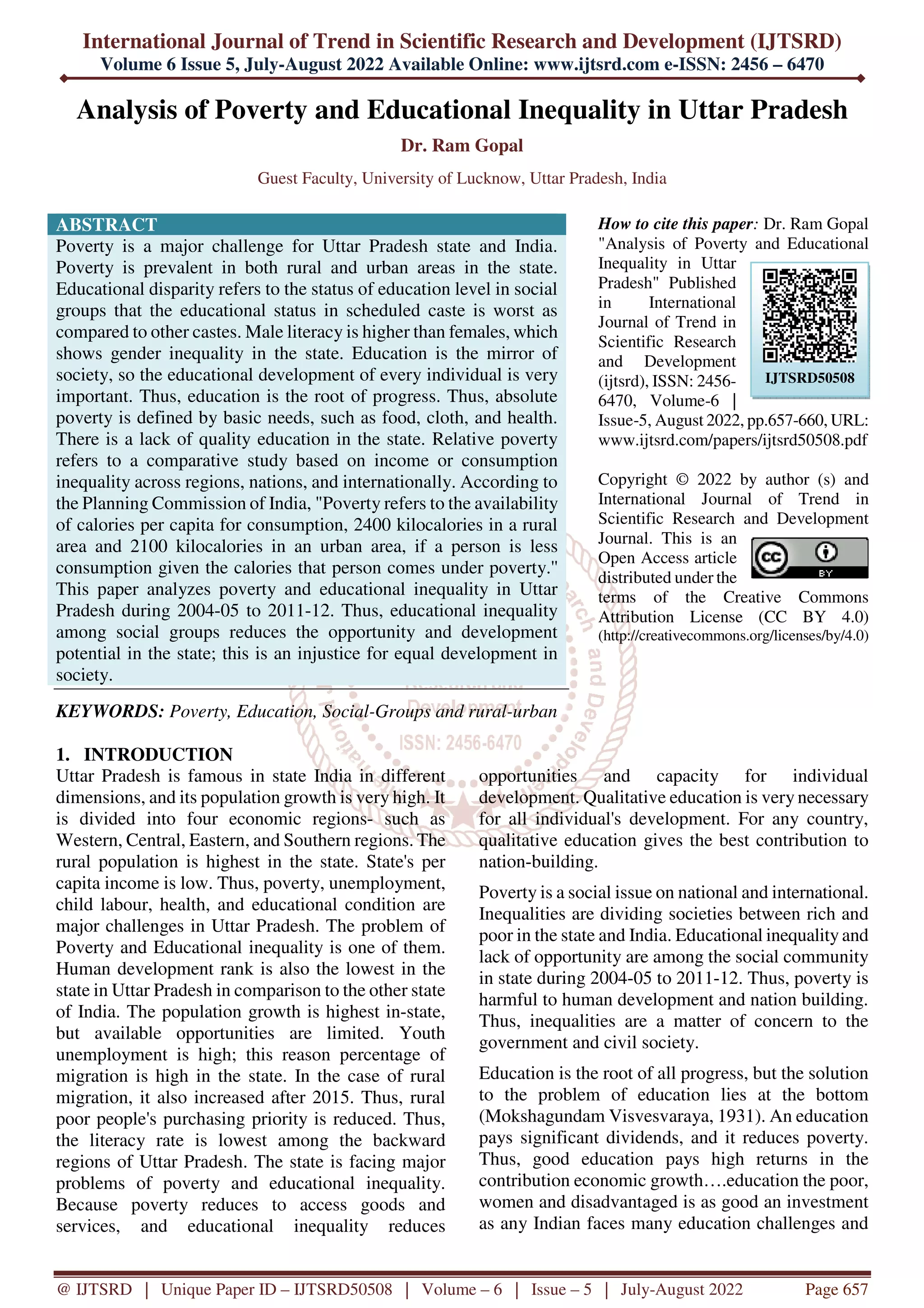 Analysis of Poverty and Educational Inequality in Uttar Pradesh | PDF