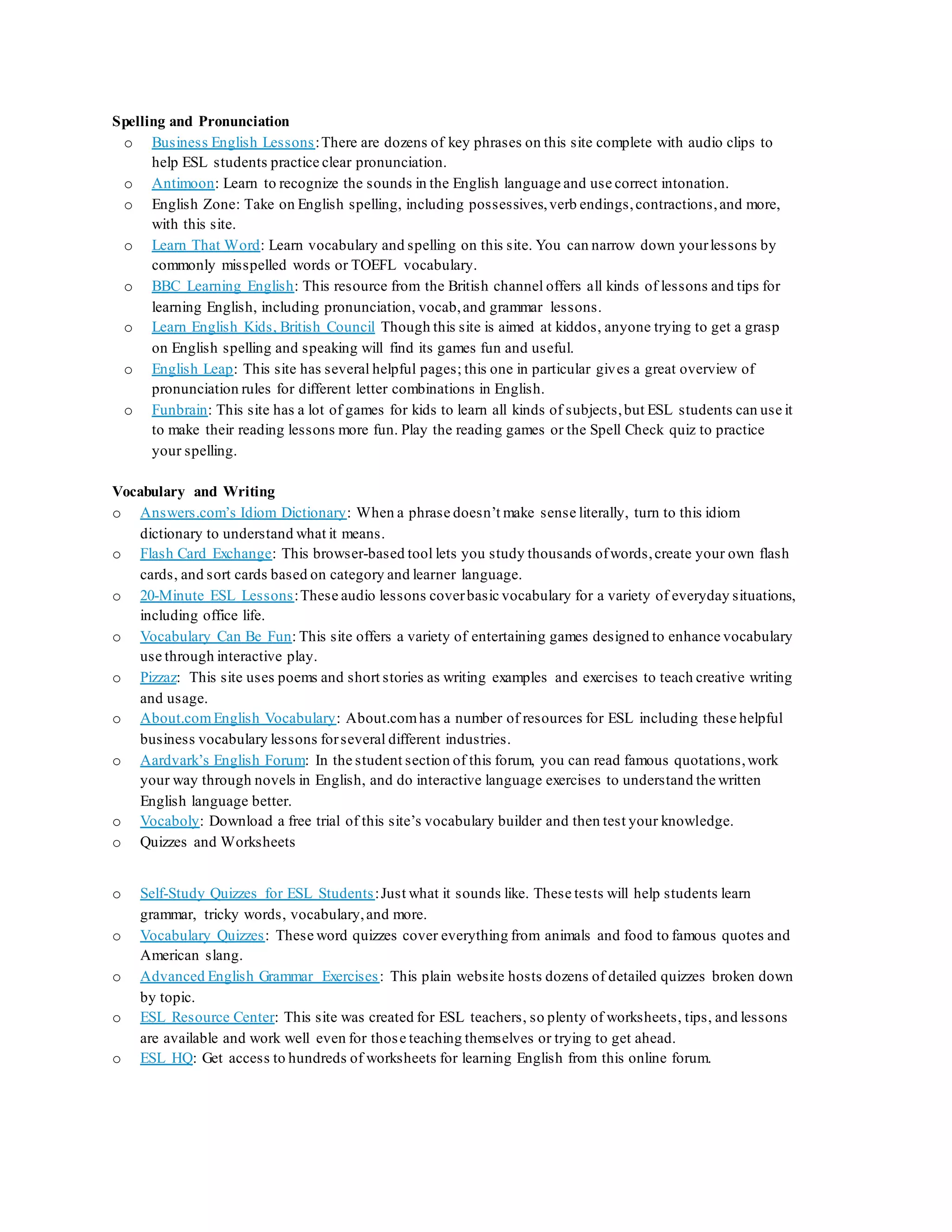 Great Websites for ESOL Teachers and Students | DOCX