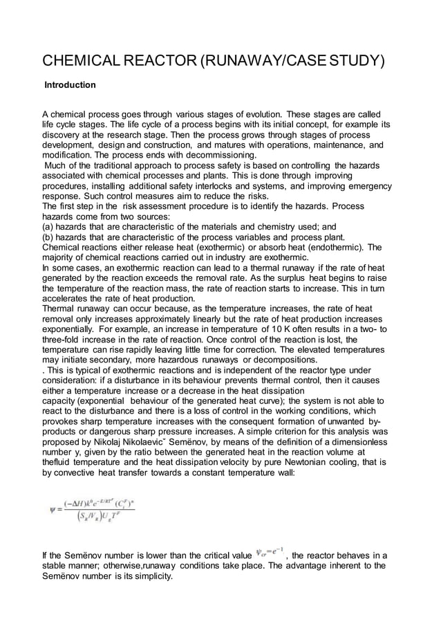 chemical reactor runaway case study | DOCX | Chemistry | Science