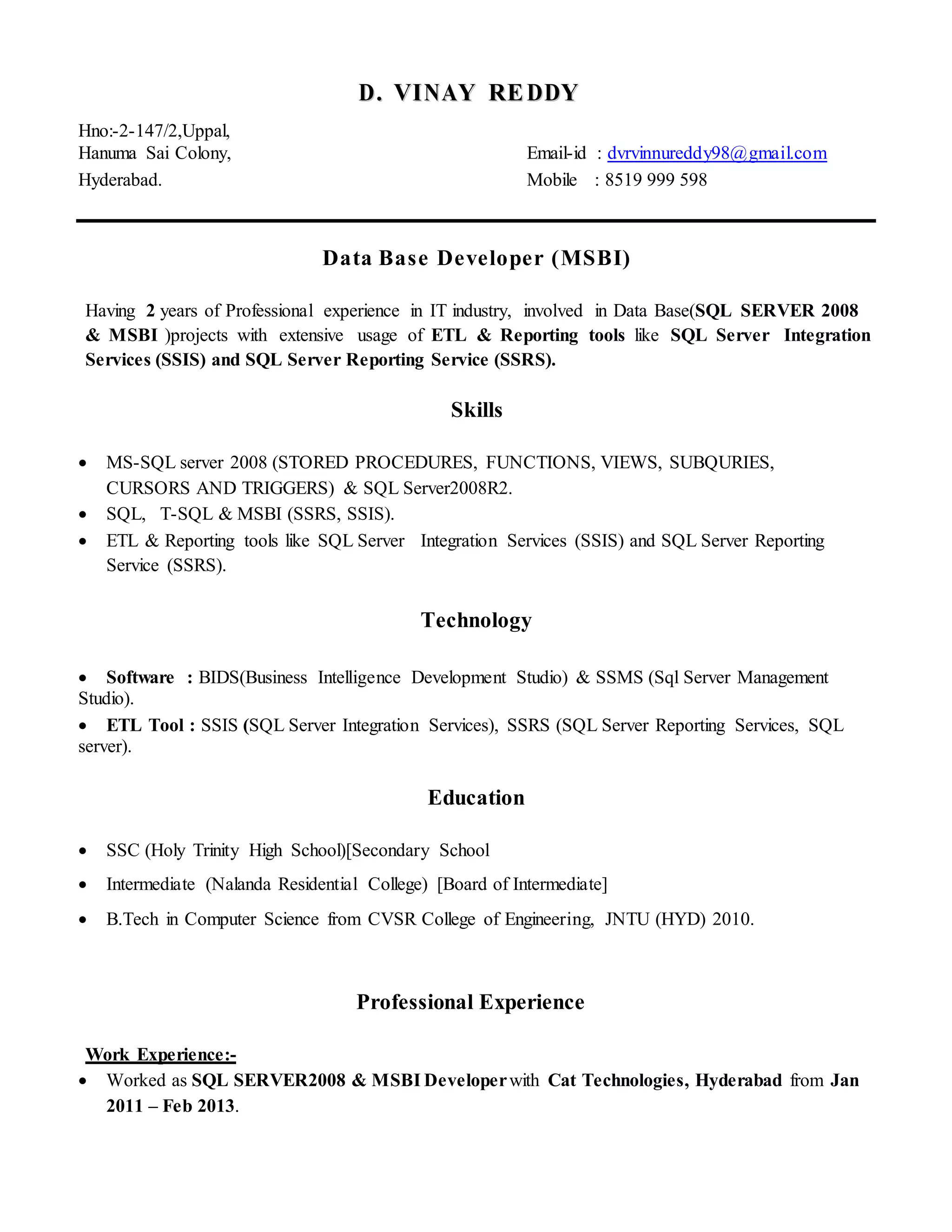vinay reddy resume 2yrs | DOCX