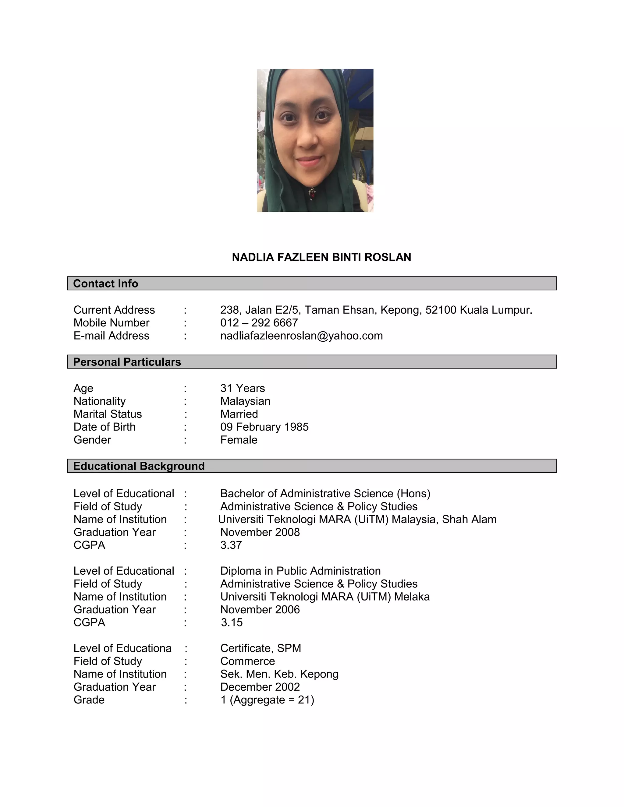 RESUME NADLIA FAZLEEN ROSLAN | DOC