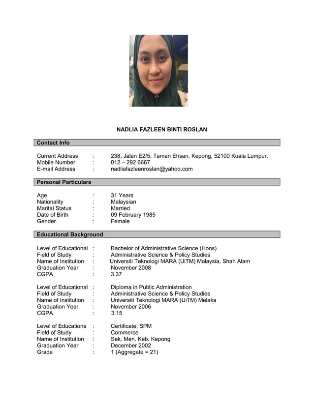 RESUME NADLIA FAZLEEN ROSLAN | DOC
