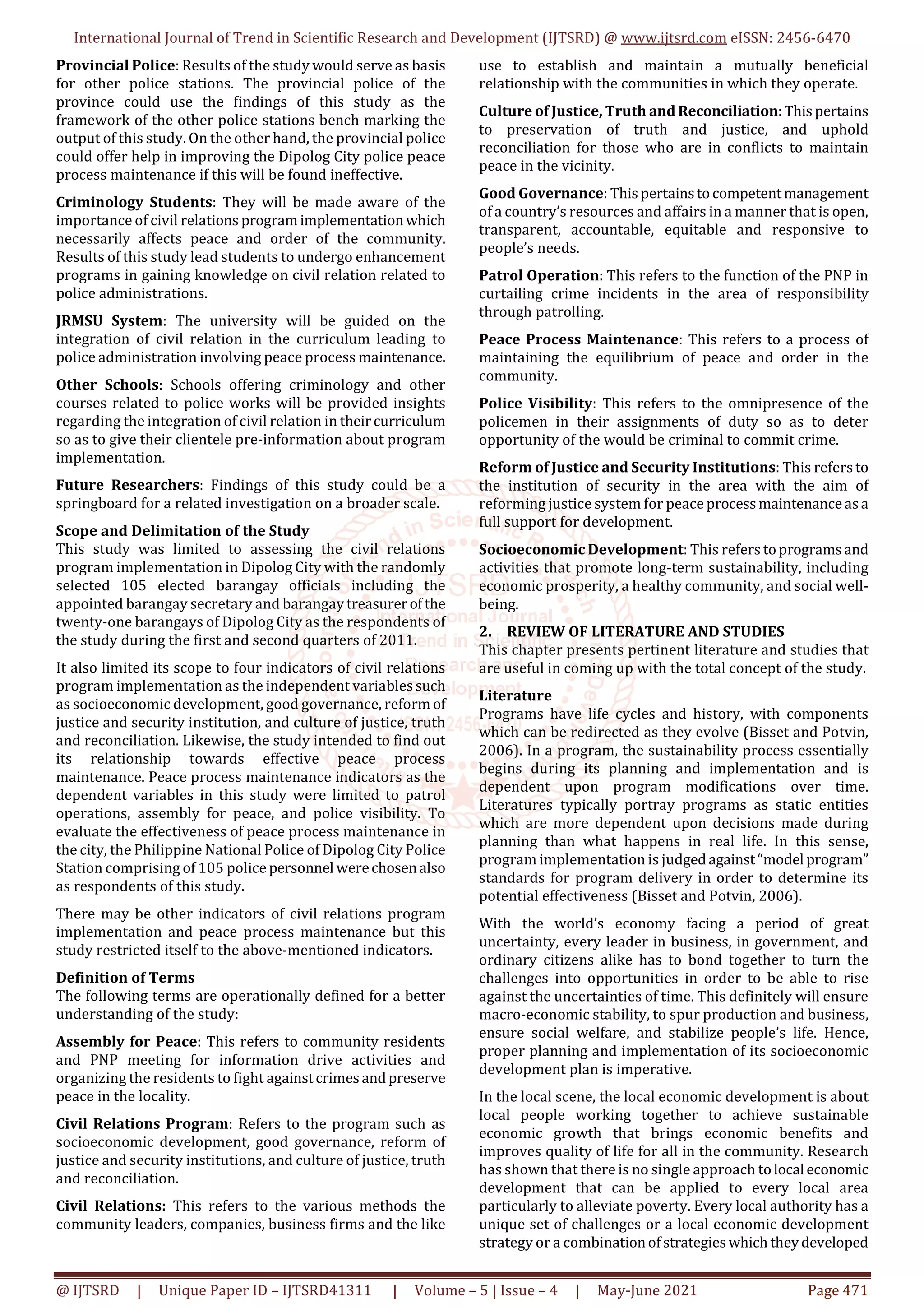 Civil Relations Program in Relation to Peace Process Maintenance of the Philippine National ...