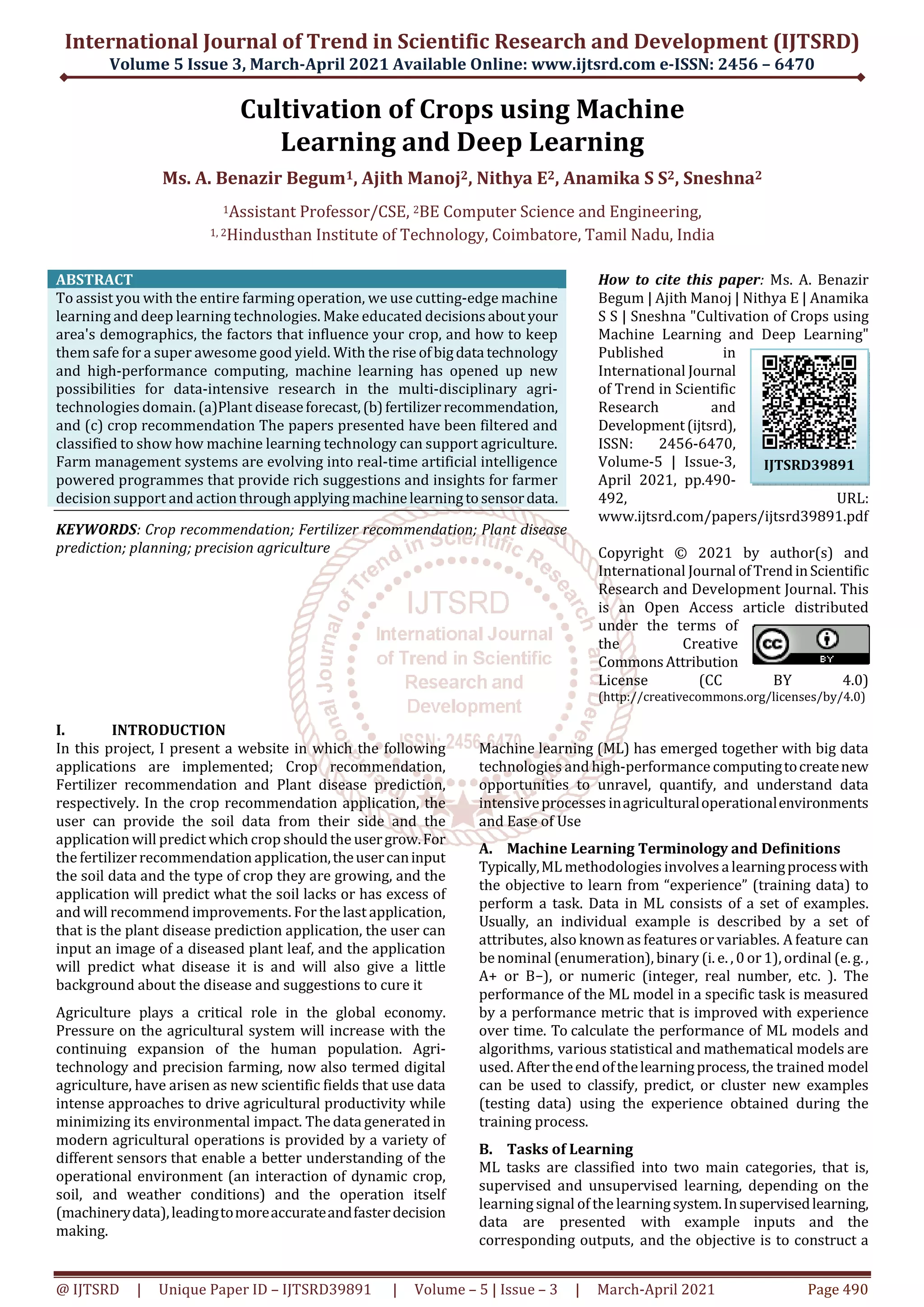 Cultivation of Crops using Machine Learning and Deep Learning | PDF