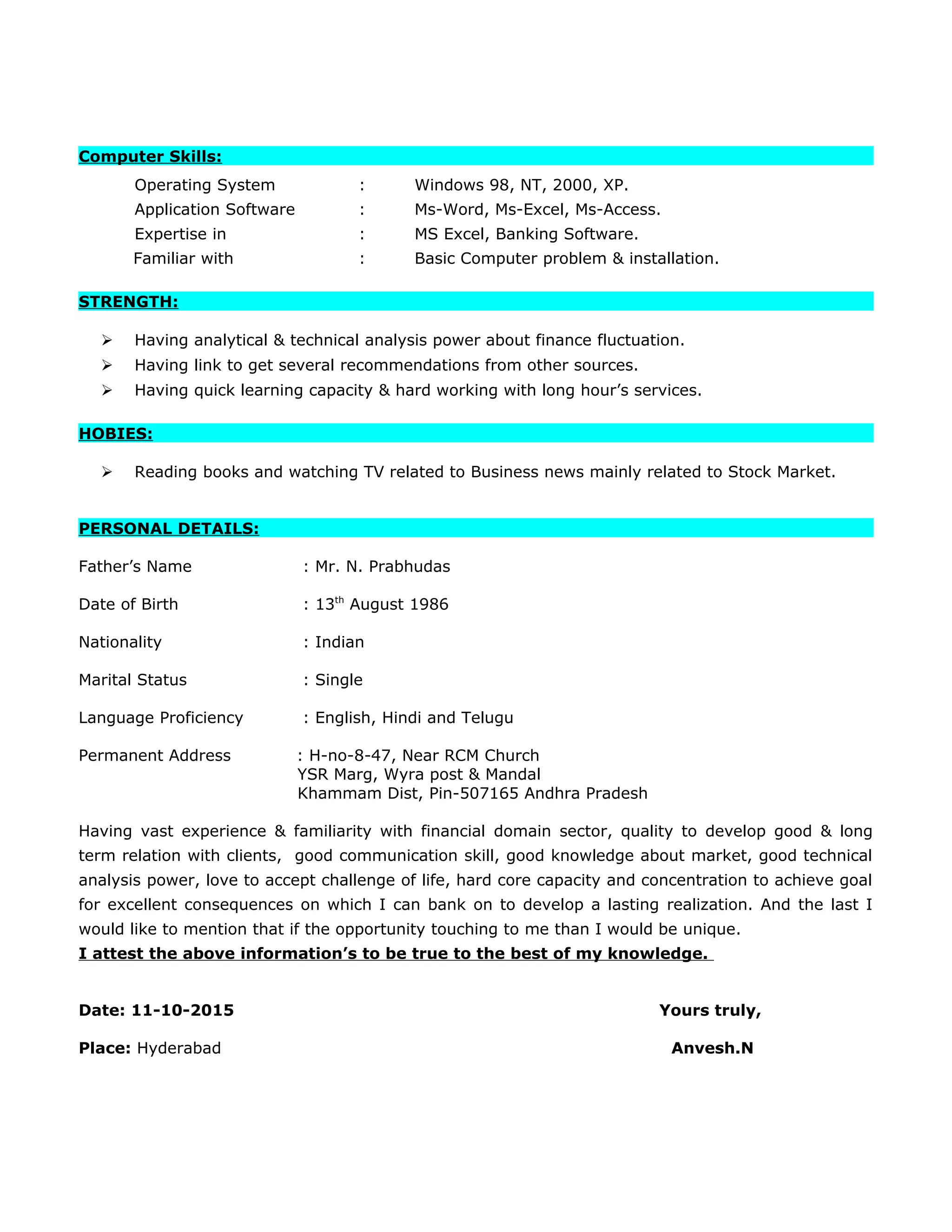 ANVESH NN RESUME | DOC | Business Banking & Finance | Business