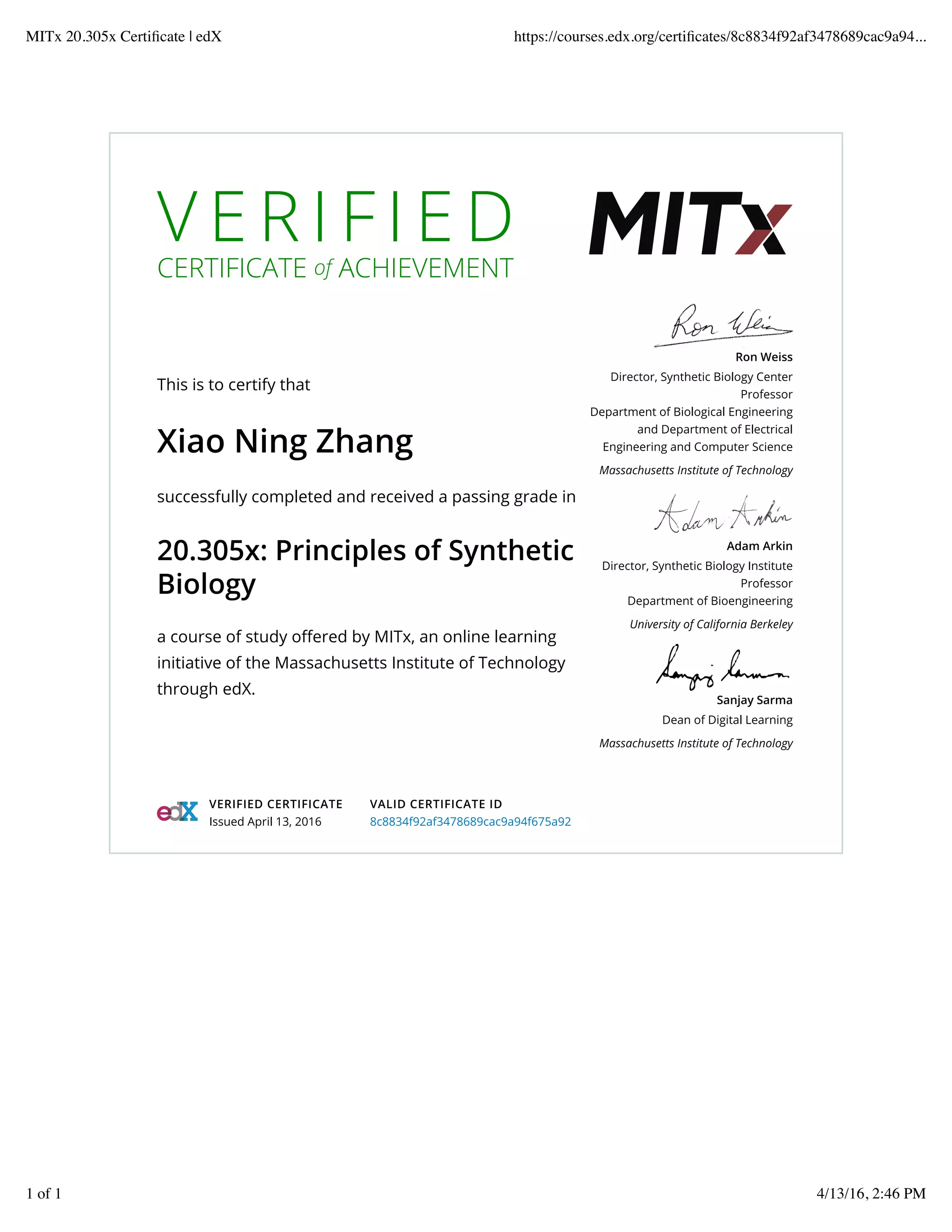 MITx 20.305x Certificate | edX | PDF | Technology & Computing