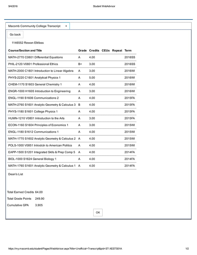 MCC unofficial transcript | PDF | Physics | Science